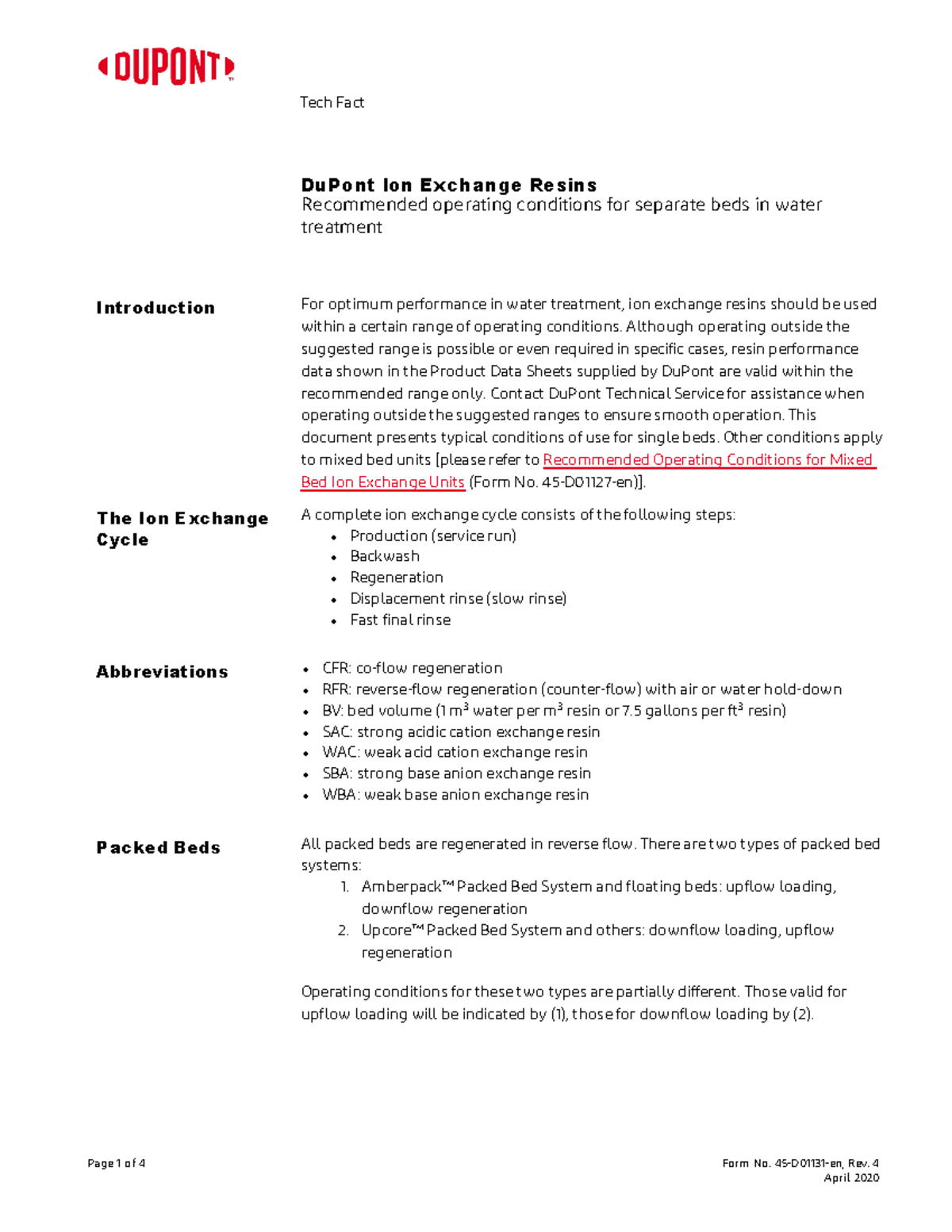 IER Recommended Operating Conditions Separate Beds Tech Fact 45 D01131 ...