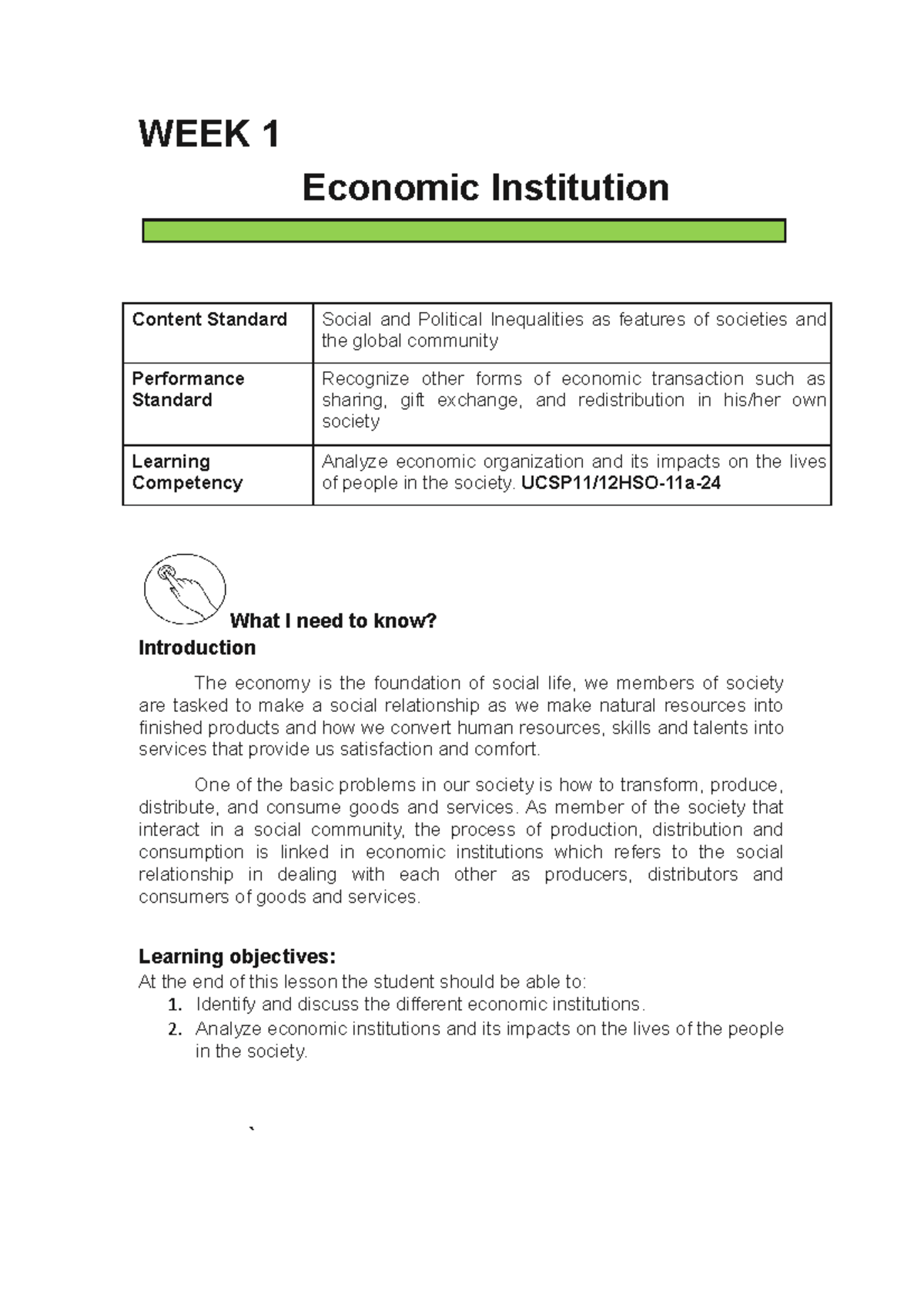Q2 Week 1 - quizzes - WEEK 1 Economic Institution Content Standard ...