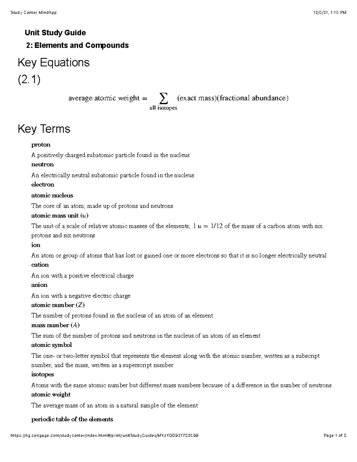 Chem Vocab Unit 2 - Unit Study Guide 2: Elements and Compounds Key ...