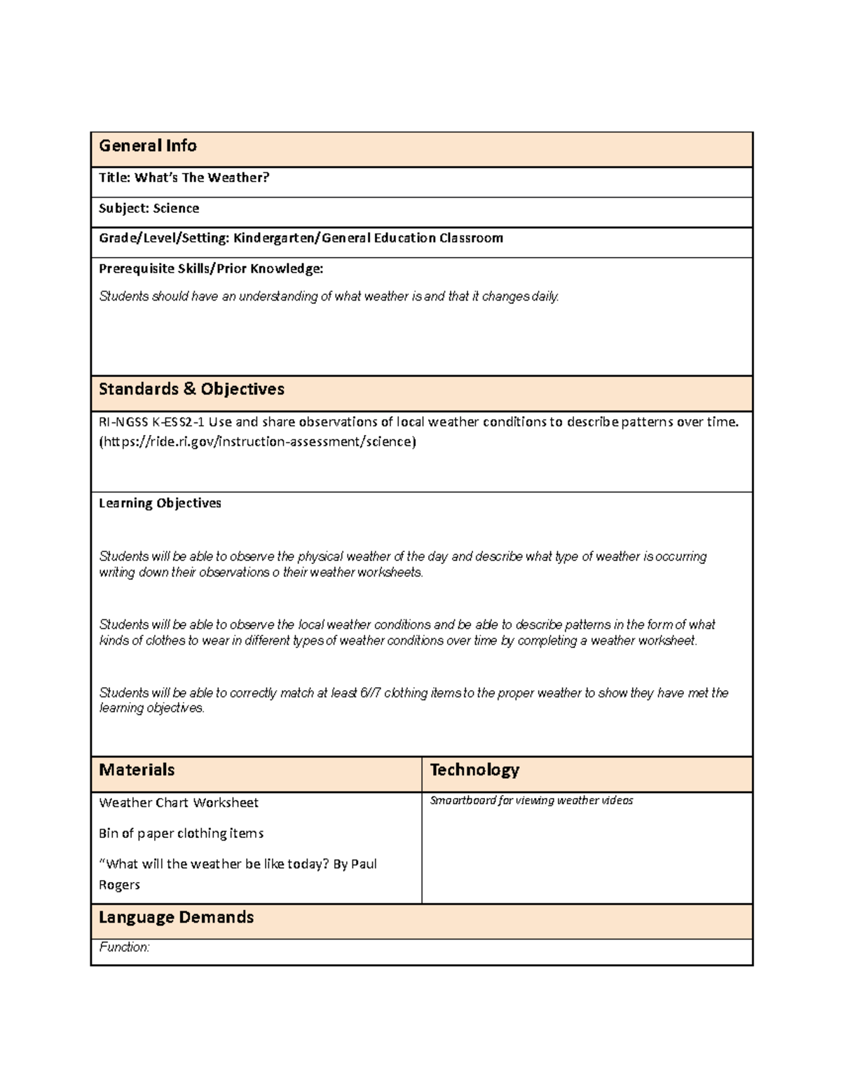 Science Lesson Plan - General Info Title: What’s The Weather? Subject ...