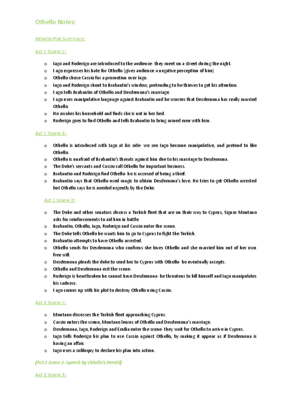 Othello Notes - Othello Plot Summary: Act 1 Scene 1: o Iago and ...