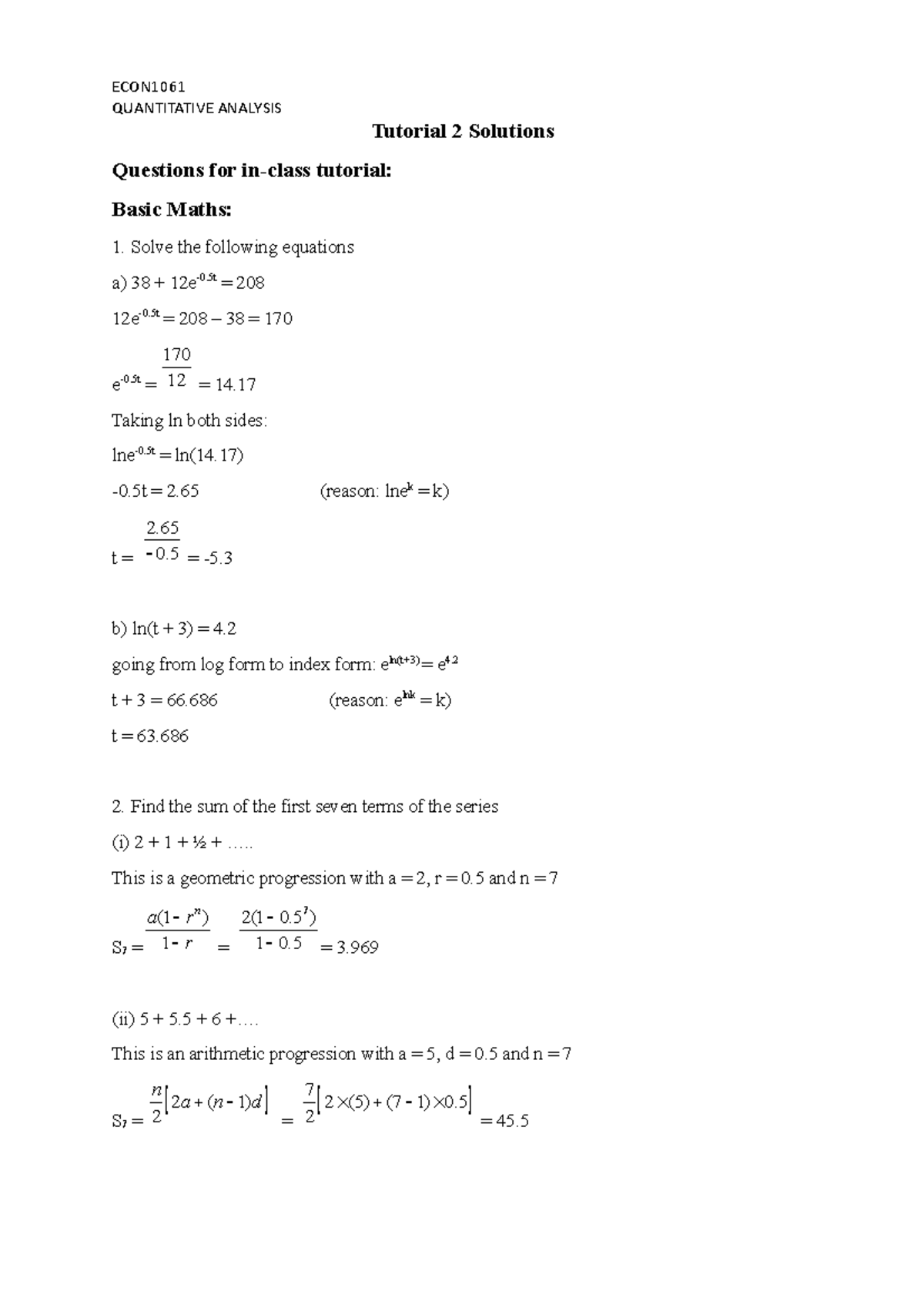 Tutorial 2 Solutions - QUANTITATIVE ANALYSIS Tutorial 2 Solutions Questions for in-class ...