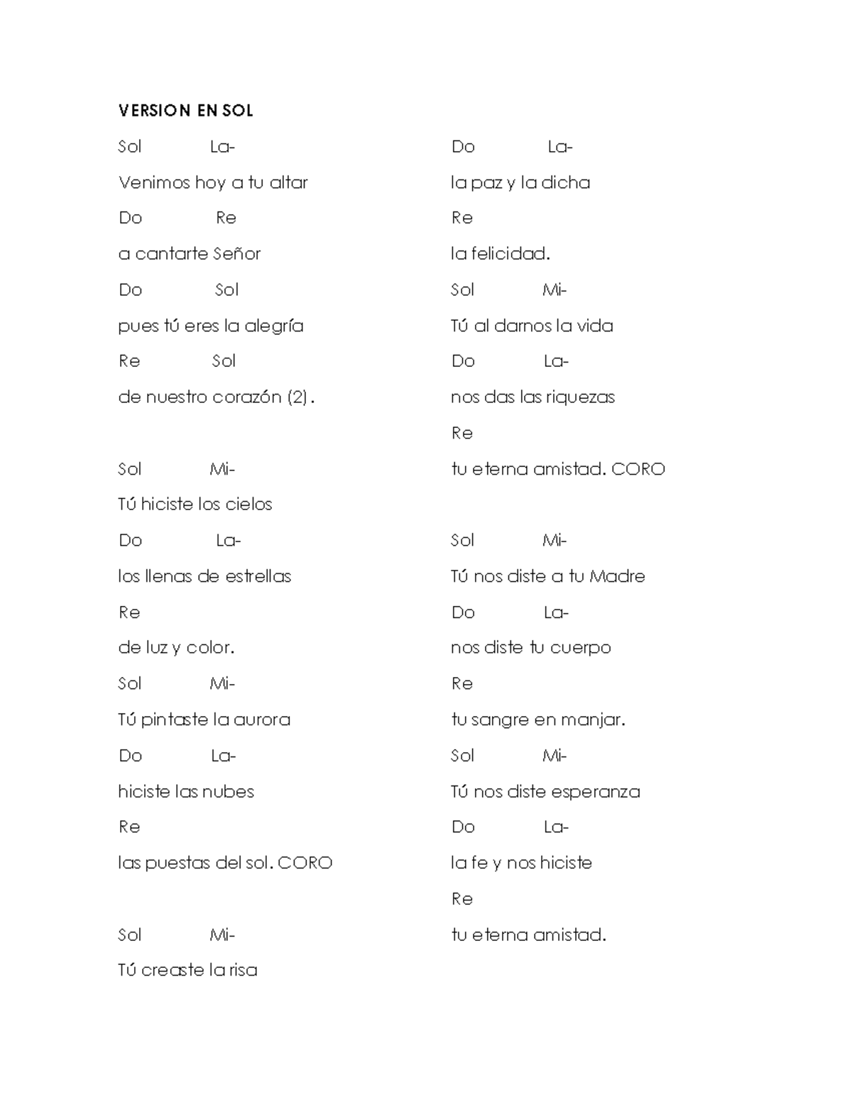 Cancion 1 - example prueba - VERSION EN SOL Sol La- Venimos hoy a tu ...