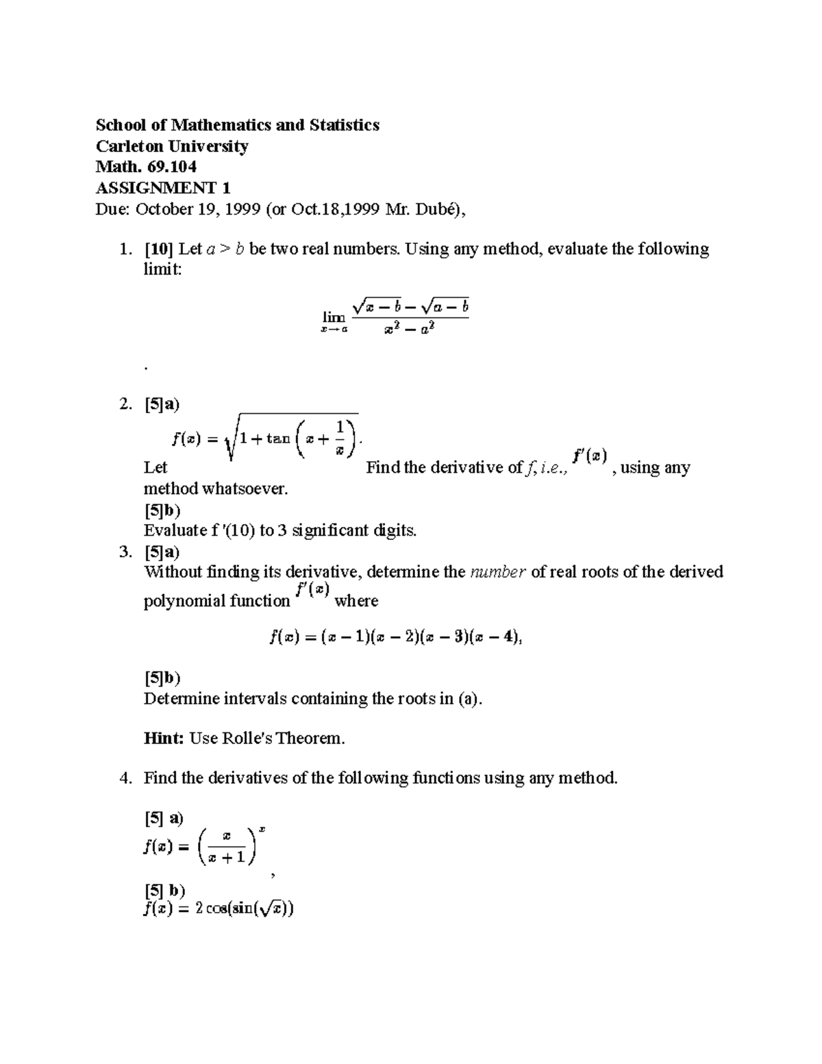 Assignment 01 1999 - School of Mathematics and Statistics Carleton ...