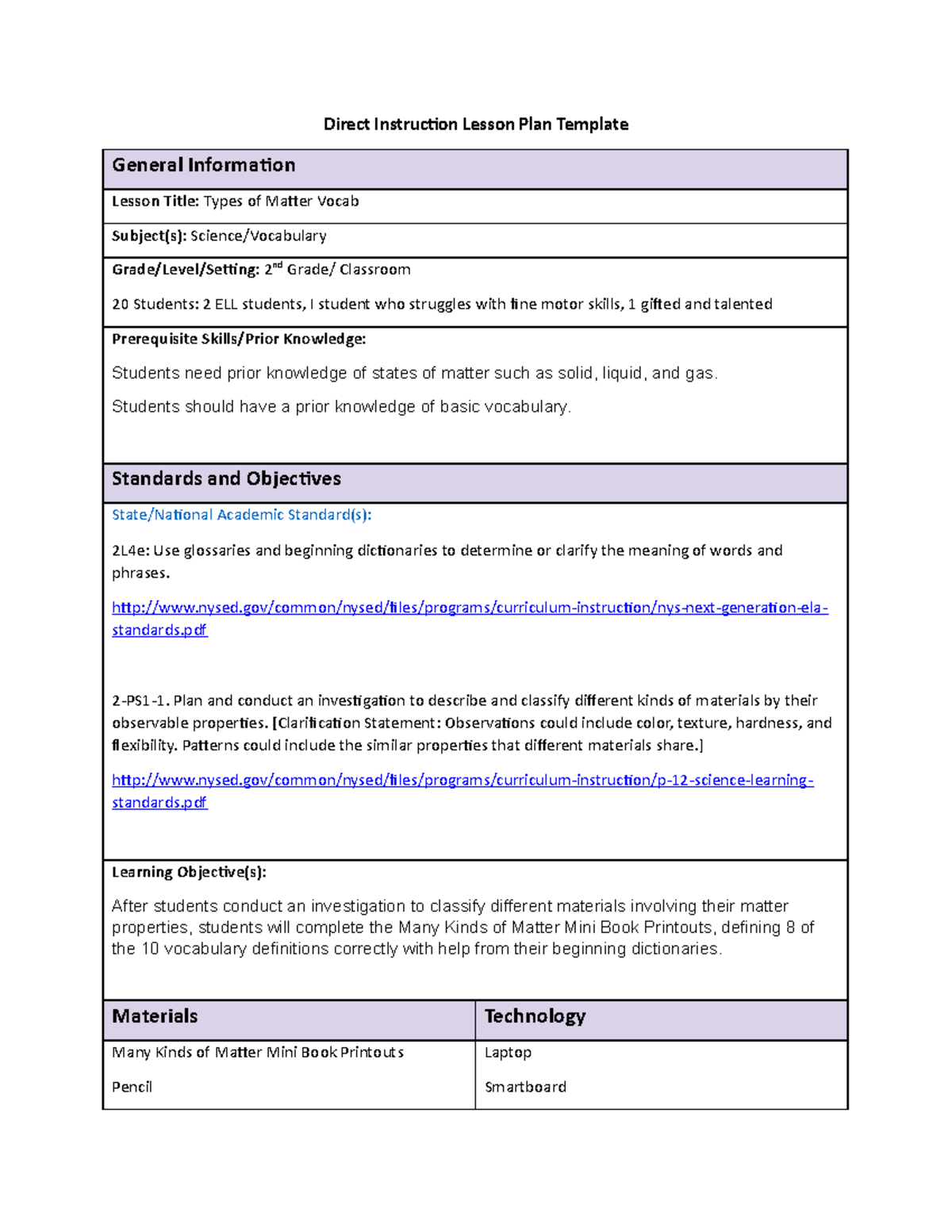 Task 1 - Lesson Plan - Direct Instruction Lesson Plan Template General ...