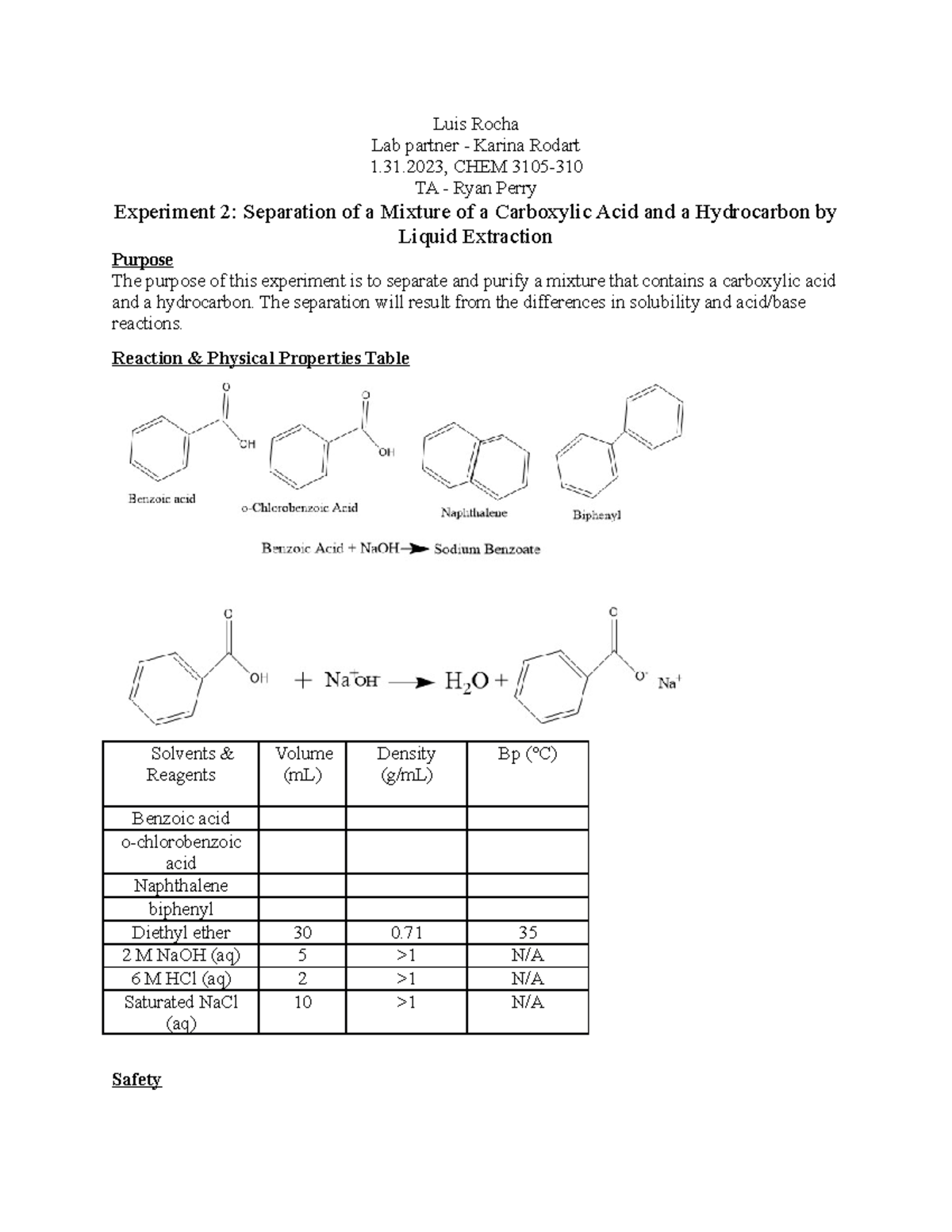CHEM 3105 Experiment 2 - Luis Rocha Lab partner - Karina Rodart 1.31 ...