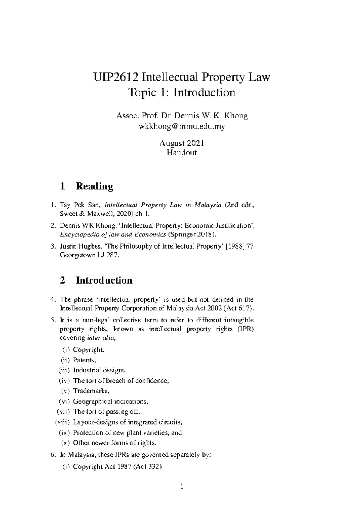 UIP2612 - Topic 1 - Introduction - Handout - UIP2612 Intellectual ...