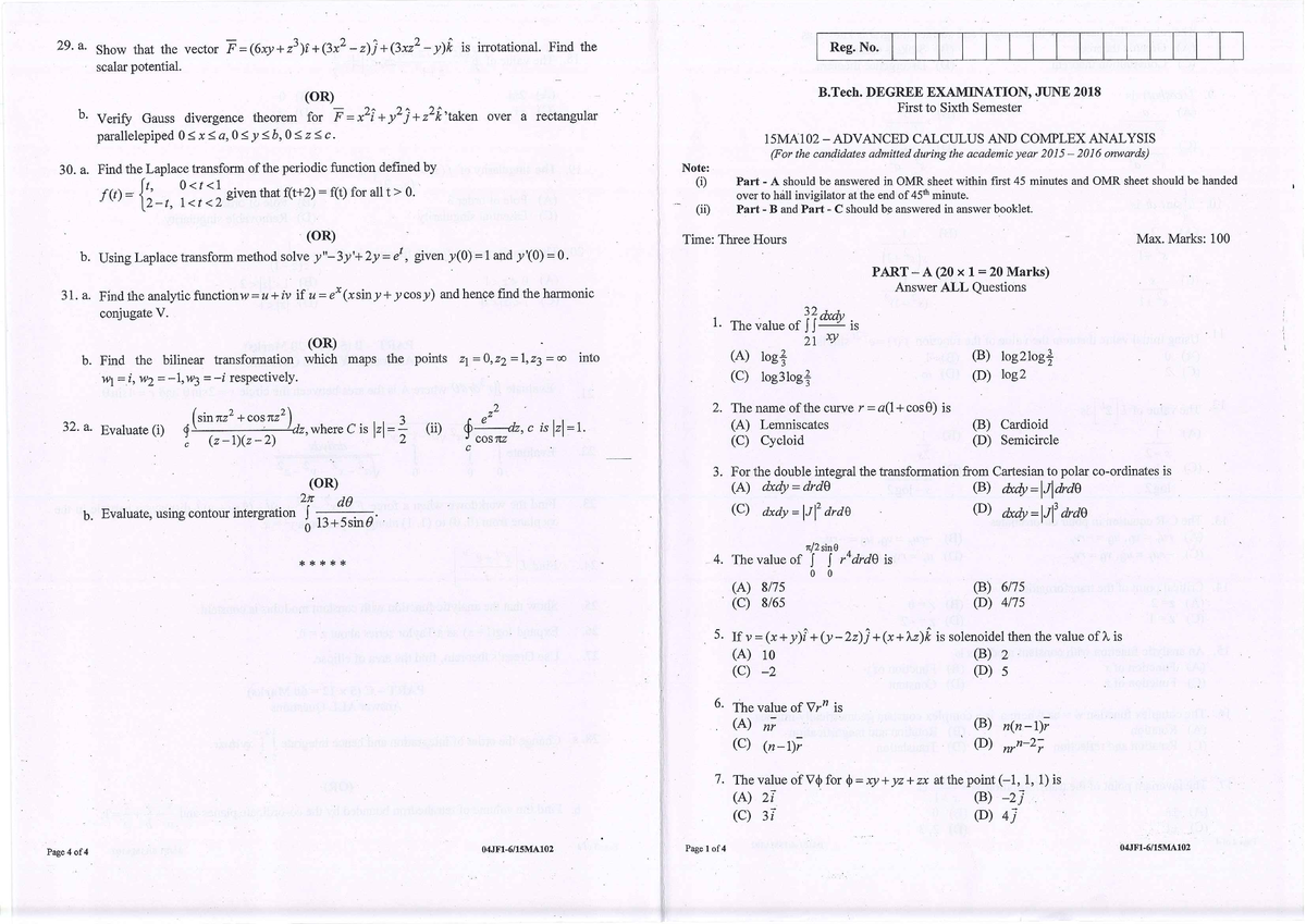15MA102 4 sem - QP of maths - Advanced Calculus And Complex Analysis ...