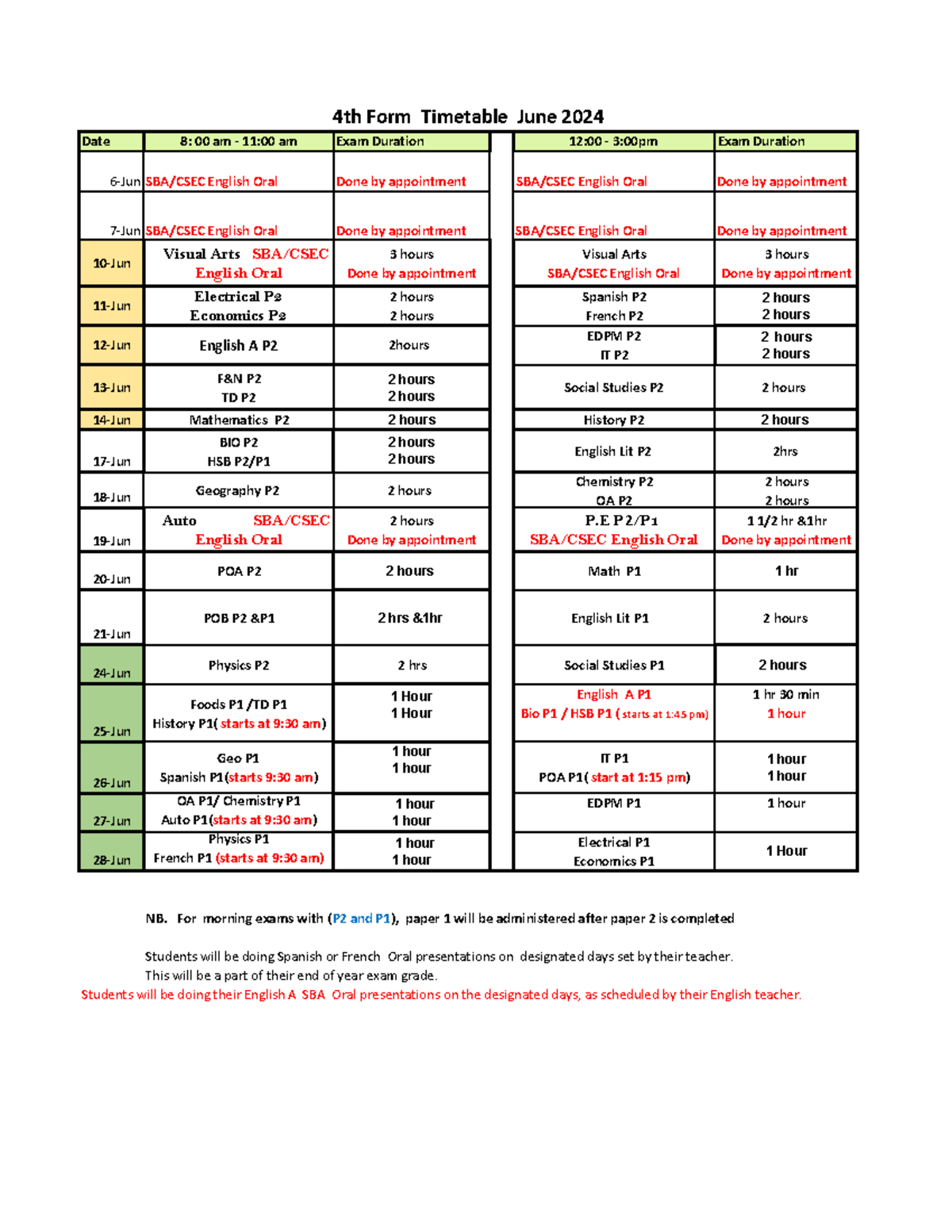 4th Form EOY TT - info - Date 8: 00 am - 11:00 am Exam Duration 12:00 ...