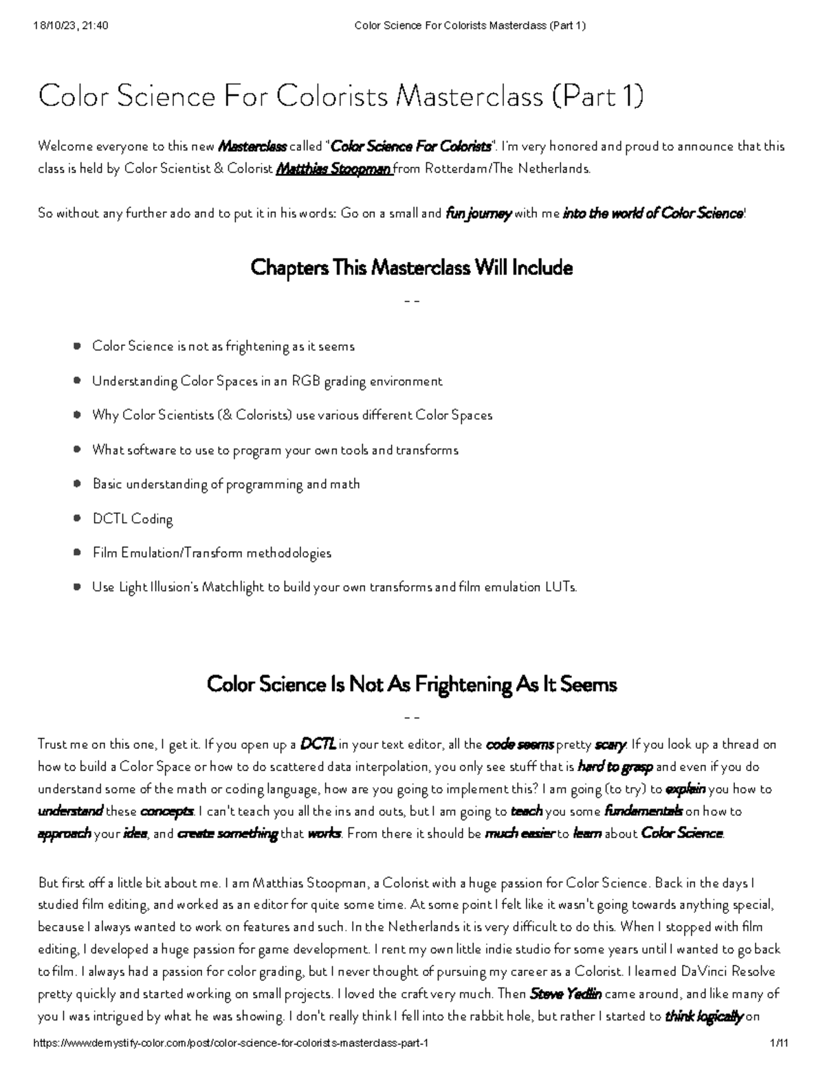 Color Science For Colorists Masterclass (Part 1) - I'm very honored and ...