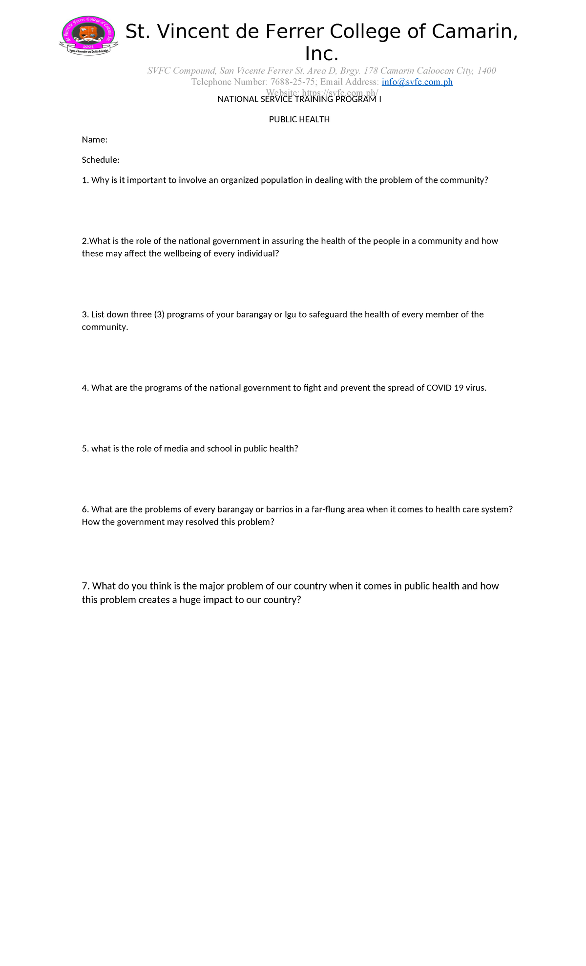 Public health activity 1 - St. Vincent de Ferrer College of Camarin ...