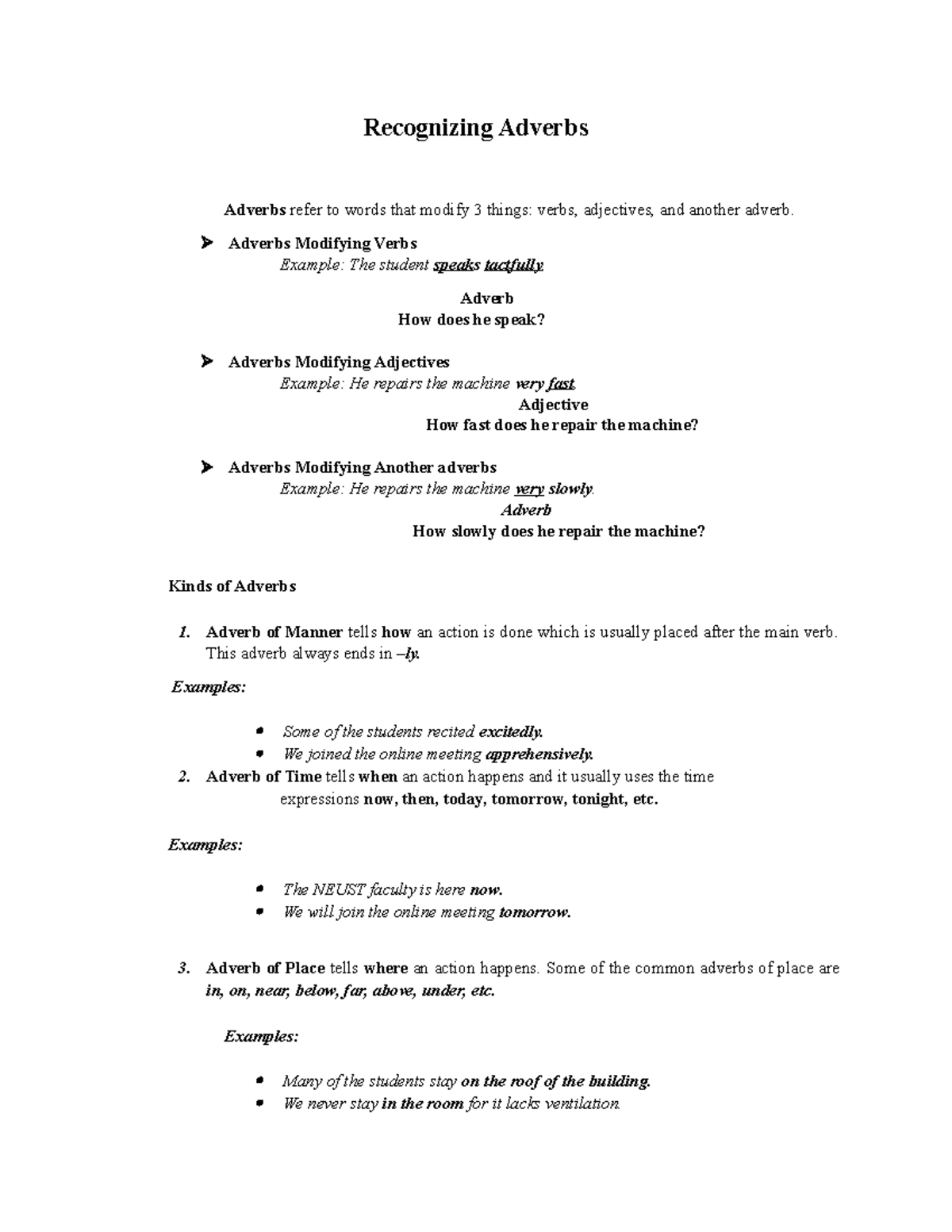 Recognizing Adverbs - Recognizing Adverbs Adverbs refer to words that ...