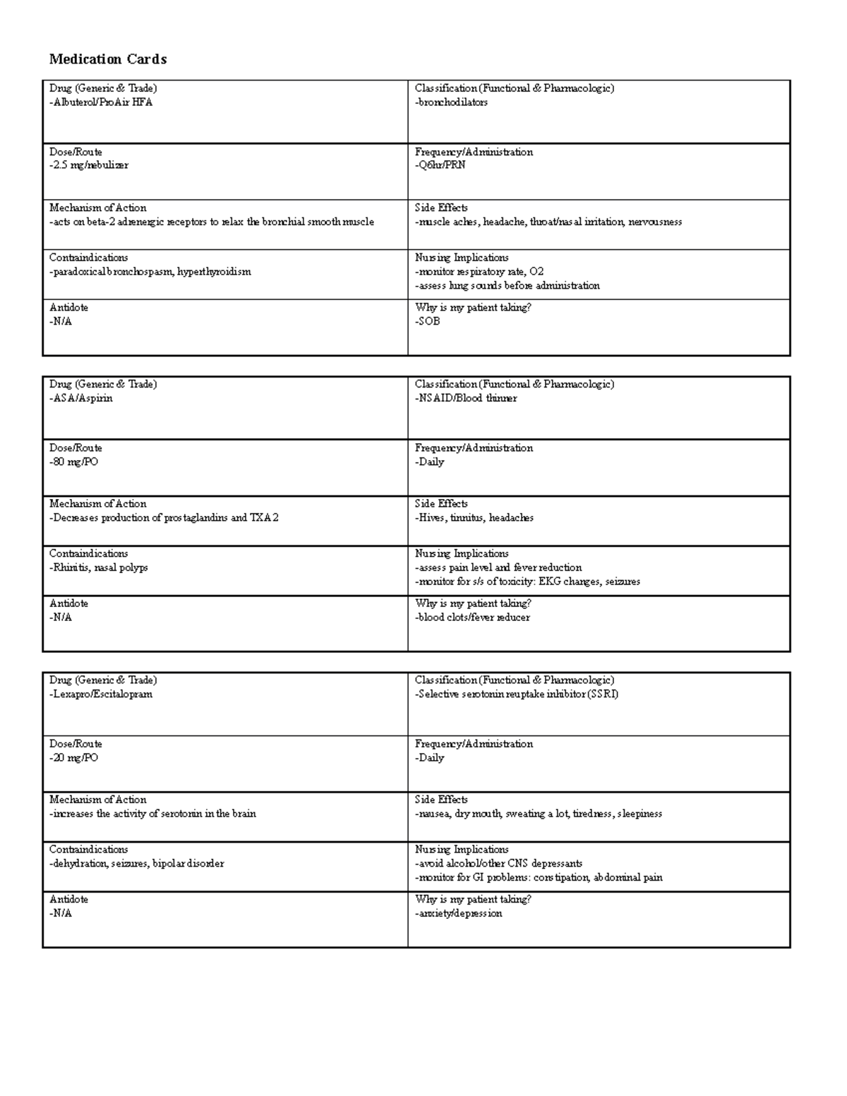 medication cards - Medication Cards Drug (Generic & Trade) -Albuterol ...