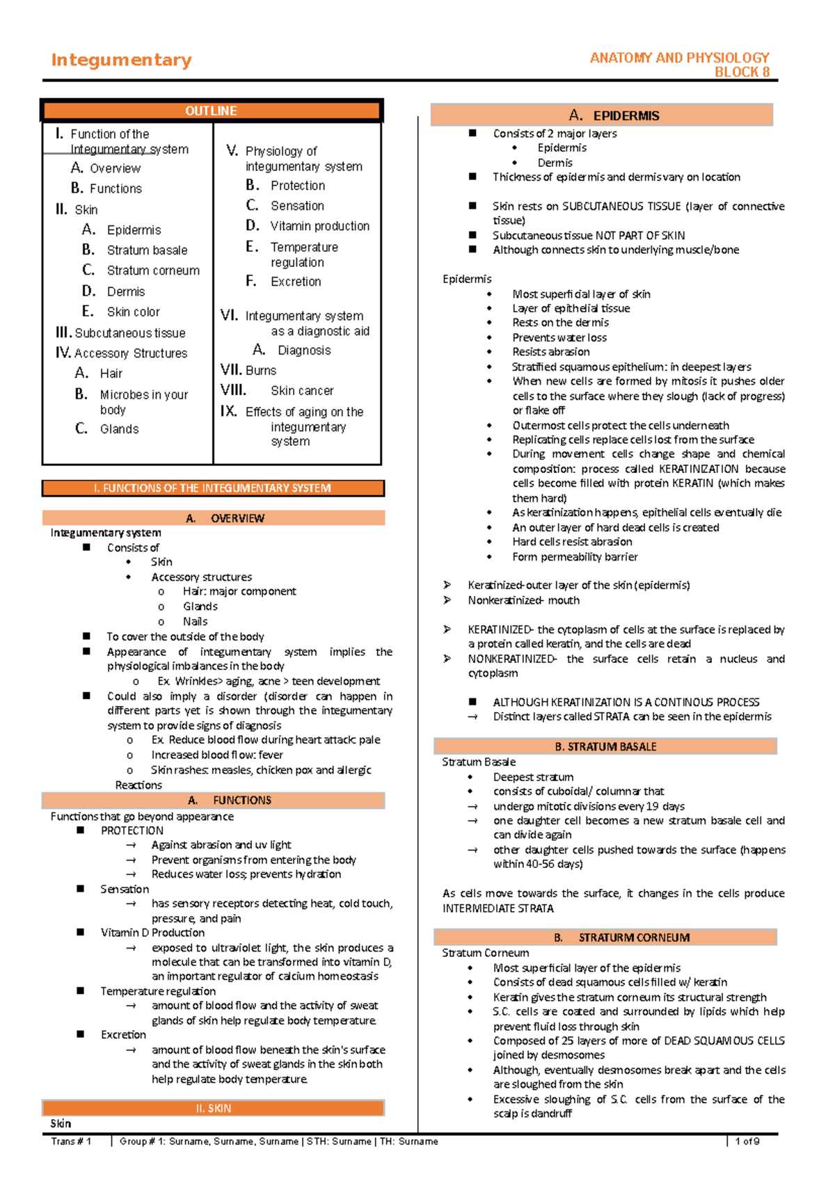 Integumentary study guide - BLOCK 8 I. FUNCTIONS OF THE INTEGUMENTARY ...