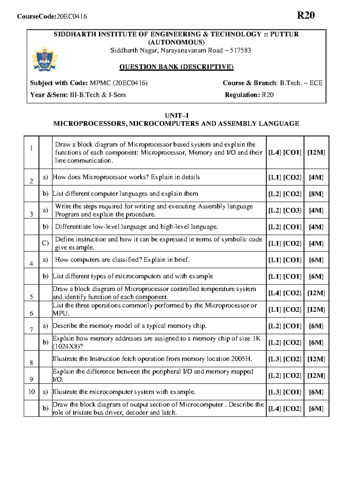 20EC0416 Microprocessor and Microcontroller - UNIT–I MICROPROCESSORS, MICROCOMPUTERS AND ...