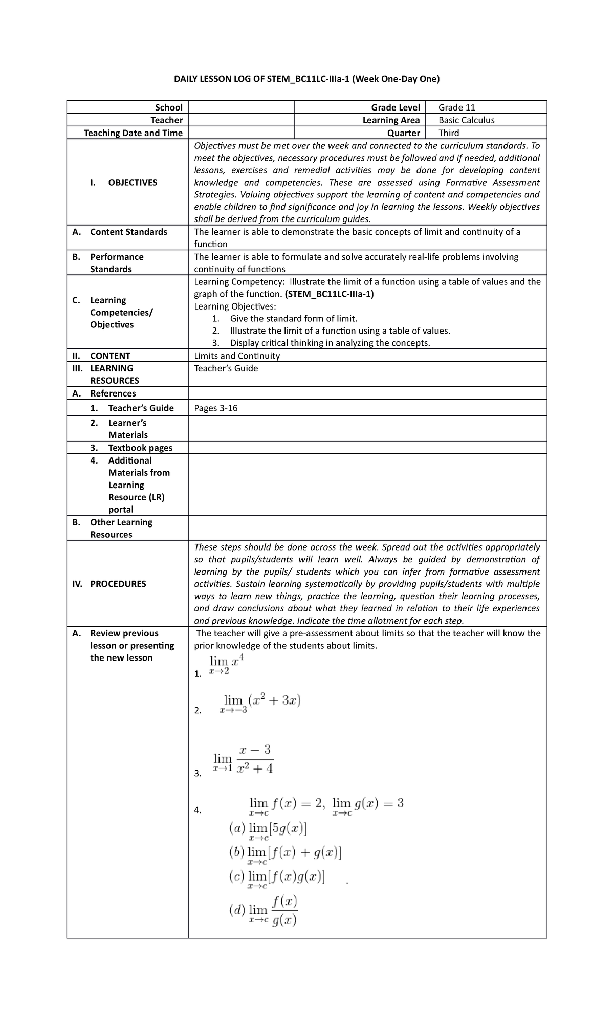 BC III-1 - great - DAILY LESSON LOG OF STEM_BC11LC-IIIa-1 (Week One-Day ...