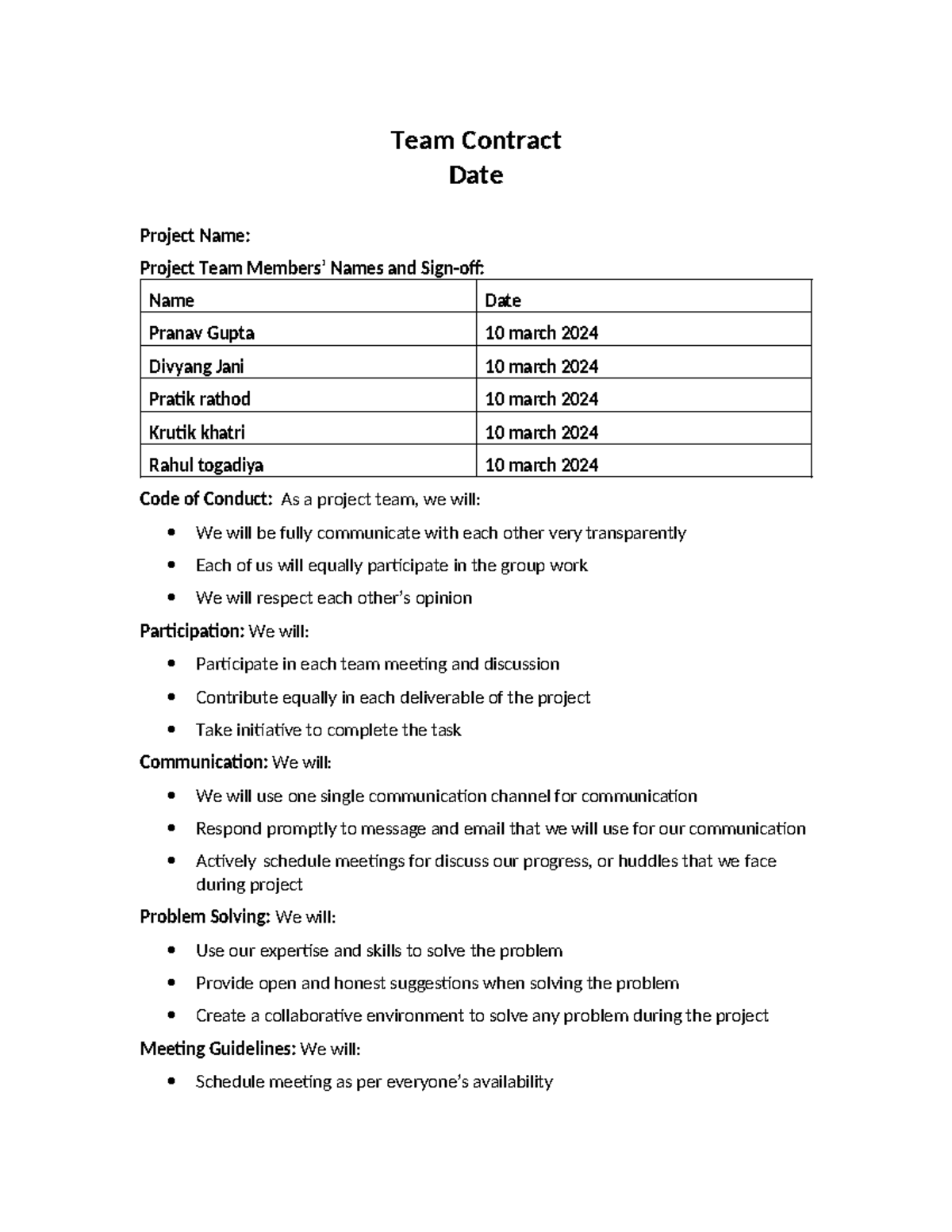 Team Charter and Pledge Form template - Team Contract Date Project Name ...