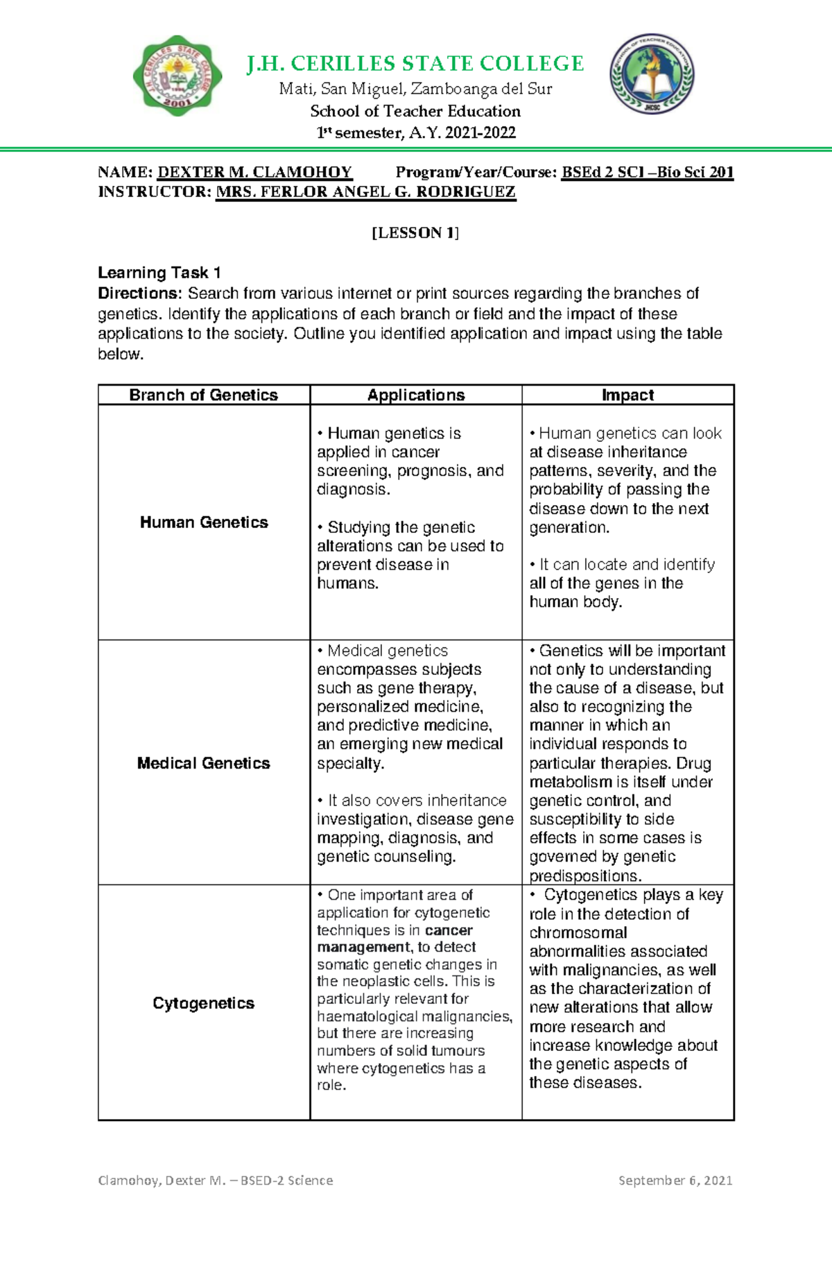 Clamohoy, Dexter-BSEd 2 Science-Bio Sci 201-Lesson 1 - J. CERILLES STATE COLLEGE Mati, San ...