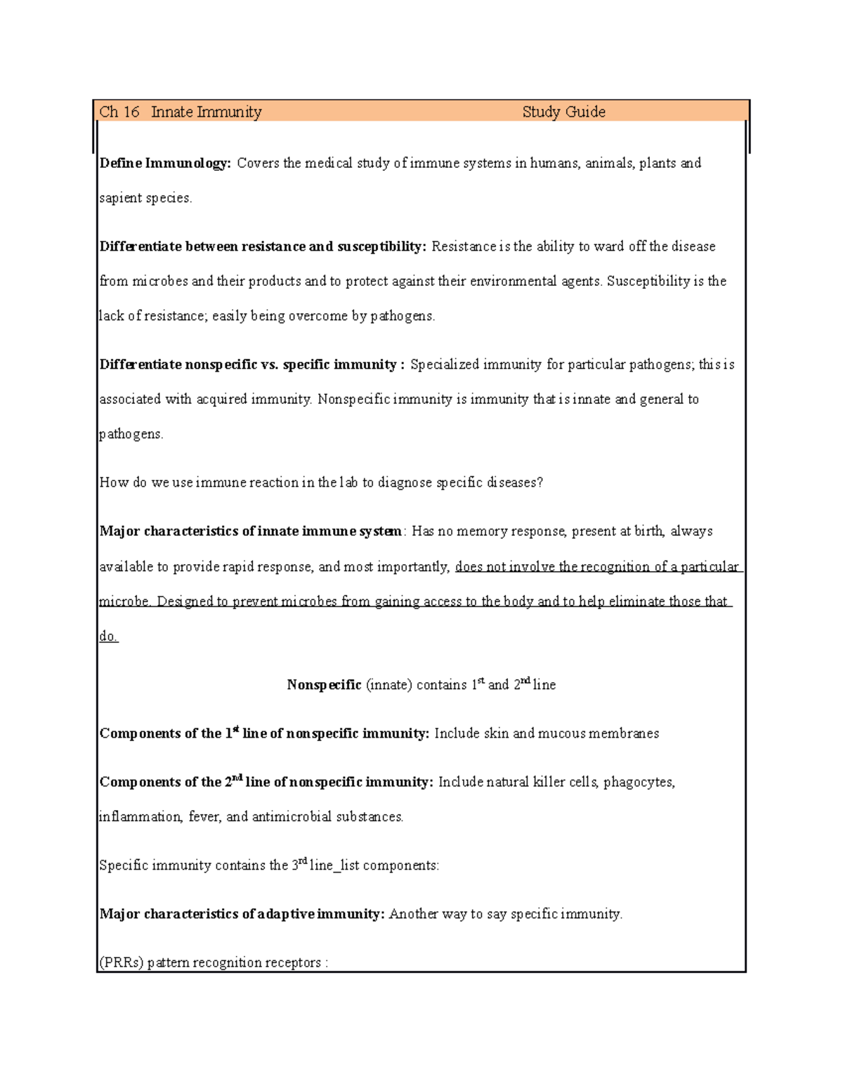 Ch 16 Innate Immunity Study Guide - Ch 16 Innate Immunity Study Guide ...