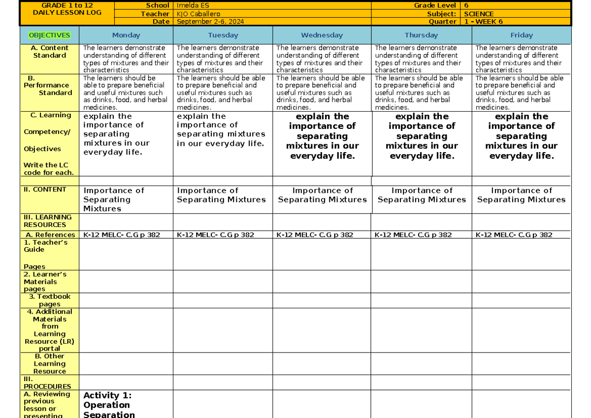 WEEK6-dll- Science 6 - for teaching - GRADE 1 to 12 DAILY LESSON LOG ...