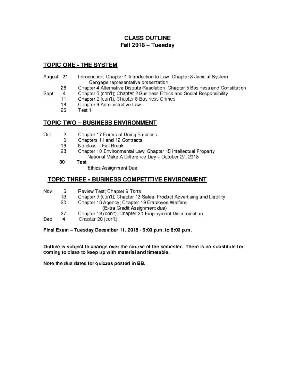 GBU 204 - Outline - Fall 2018 - CLASS OUTLINE Fall 2018 – Tuesday TOPIC ...