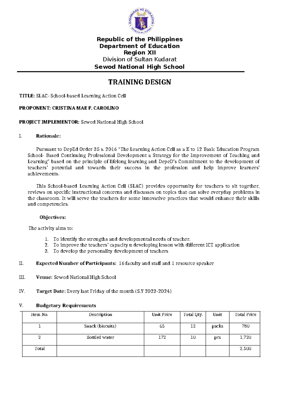 Training Design (SLAC Design) - Republic of the Philippines Department ...