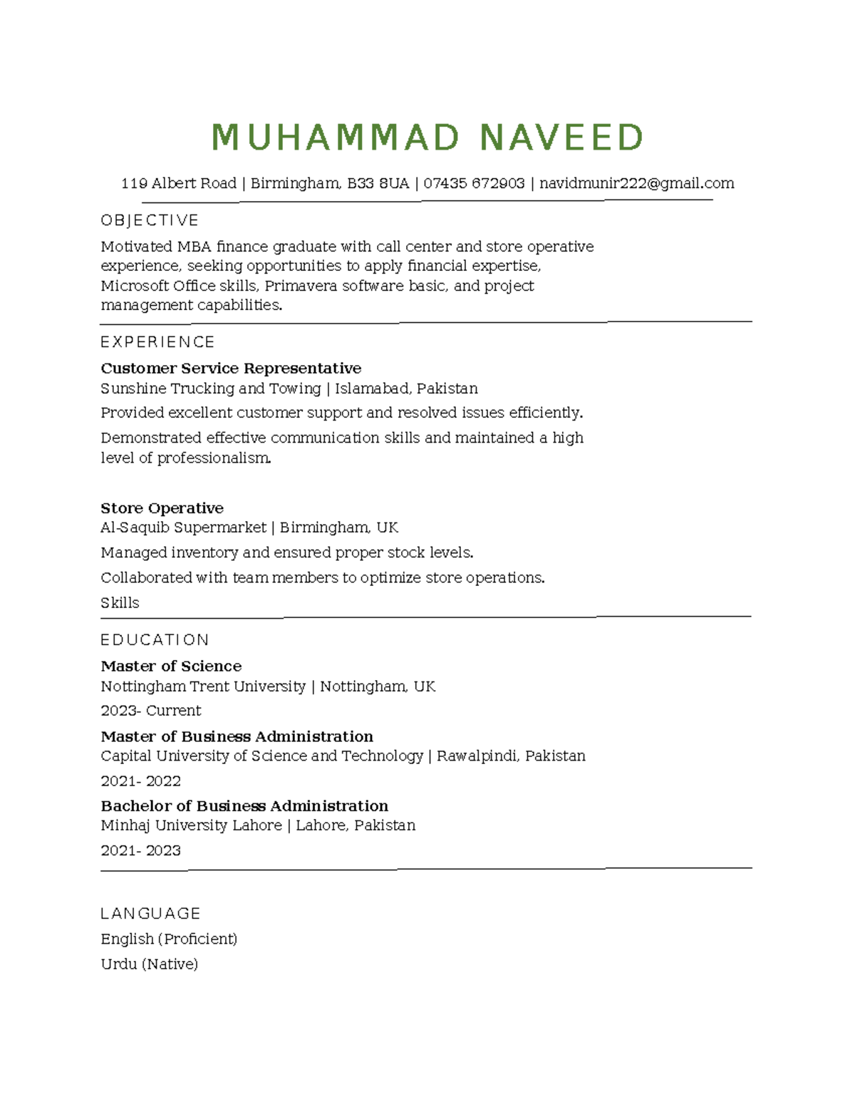 Muhammad Naveed - how to make CV - MUHAMMAD NAVEED 119 Albert Road ...