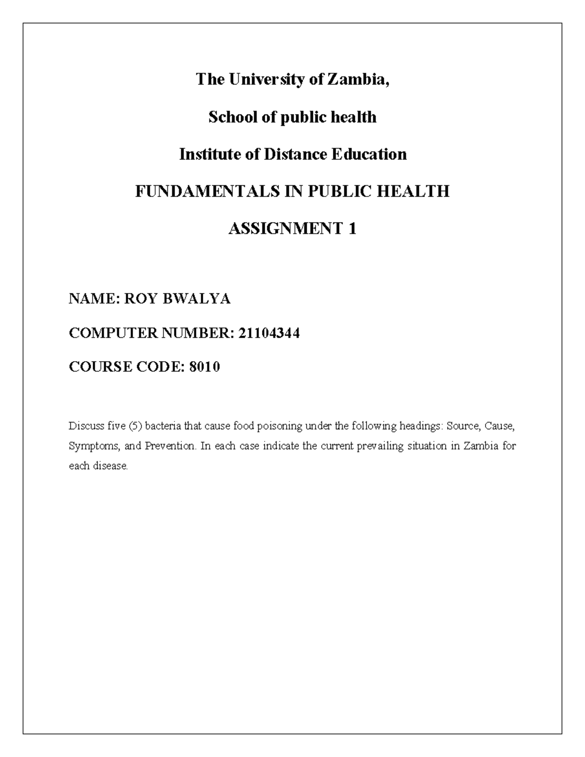Roy Bwalya Fundamentals In Public Health 1 The University Of Zambia