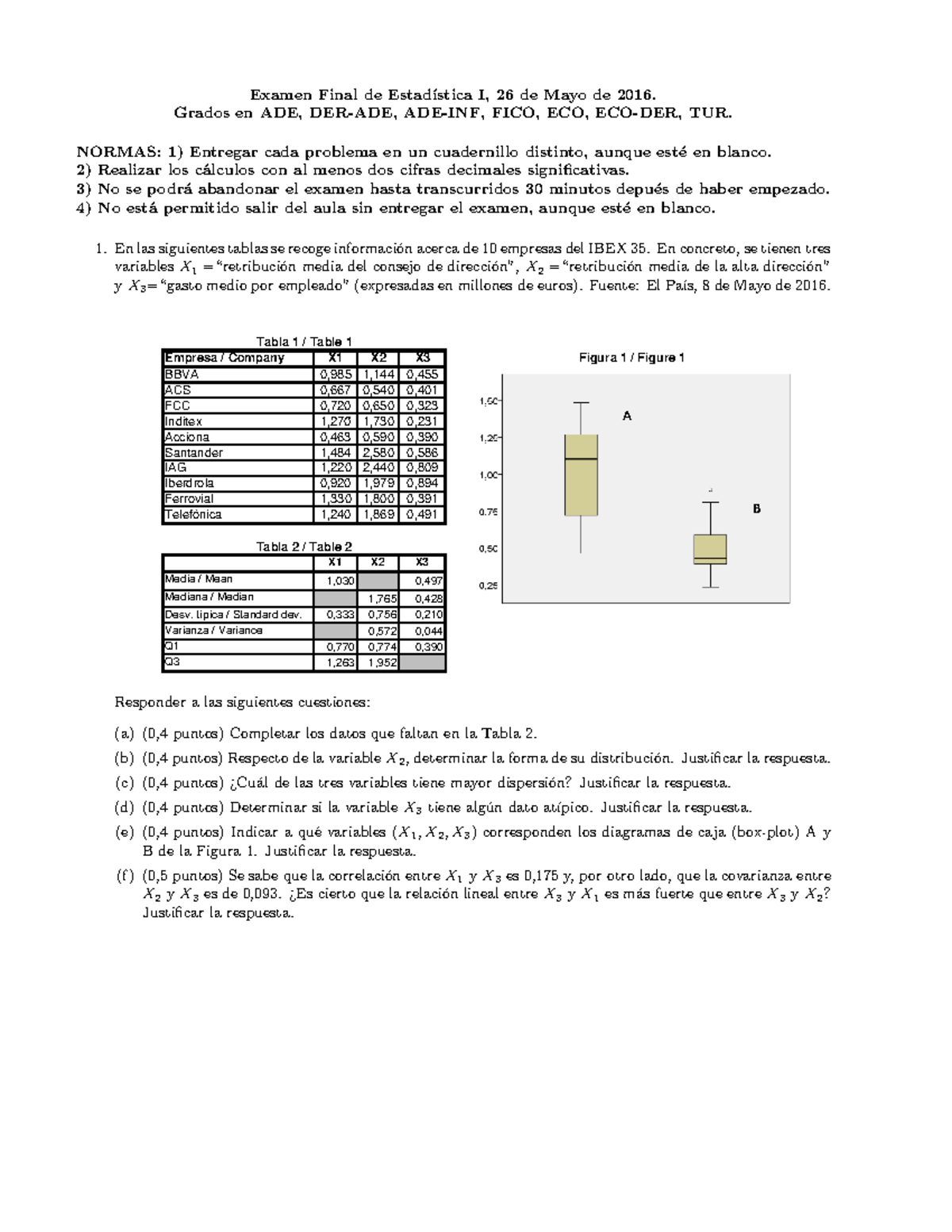 Final 20 Abril 2016, preguntas y respuestas - Examen Final de Estad ́ıstica I, 26 de Mayo de ...
