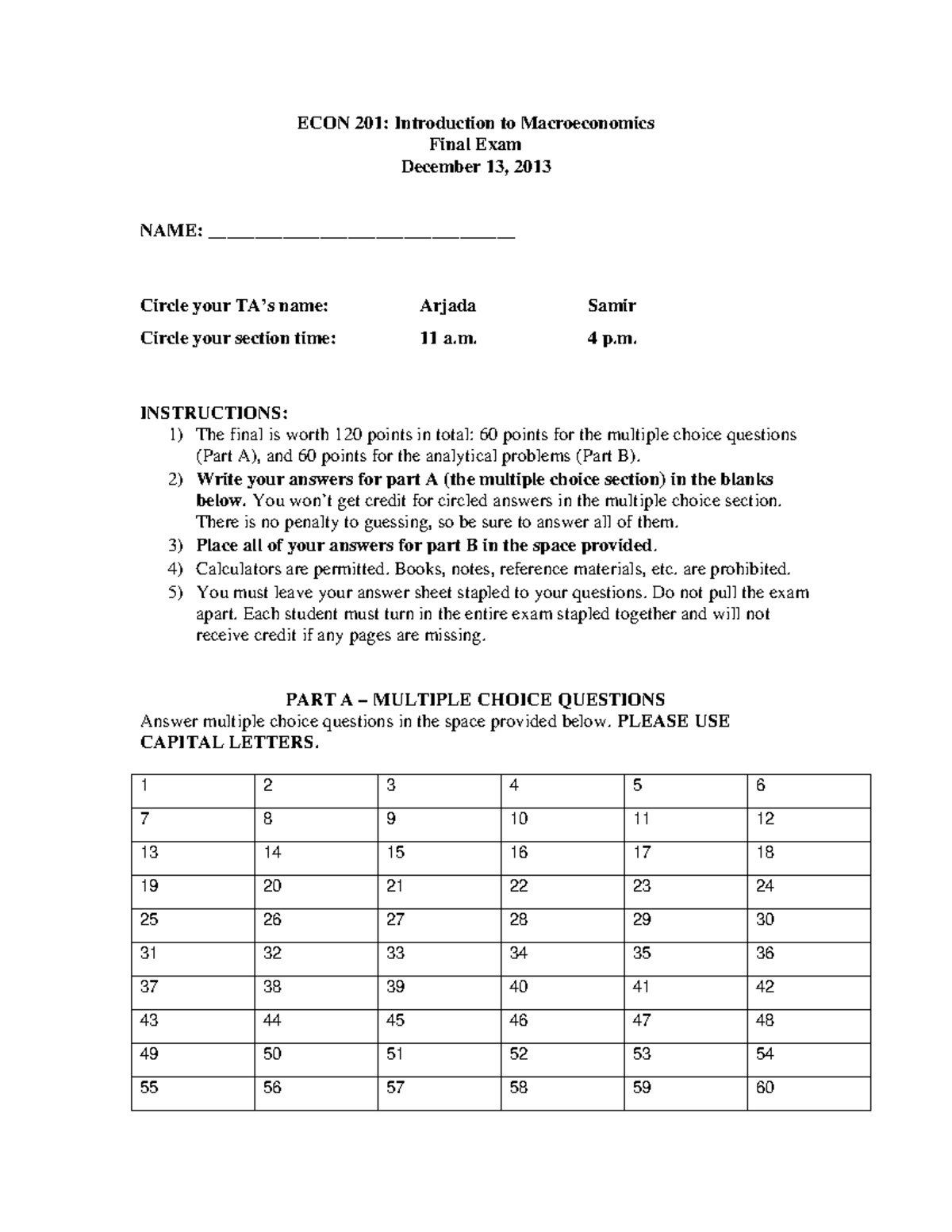 Final Fall 2013 - ECON 201: Introduction to Macroeconomics Final Exam ...