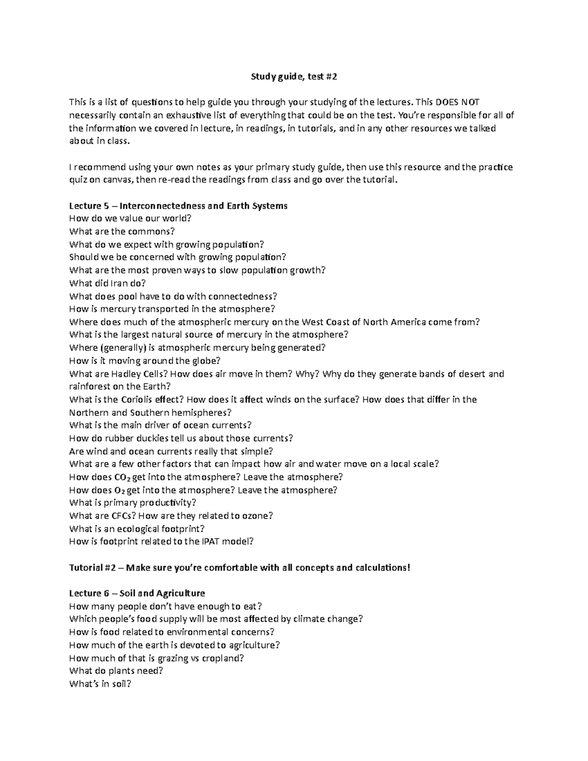 Test 2 Study Guide - Study guide, test # This is a list of questions to ...