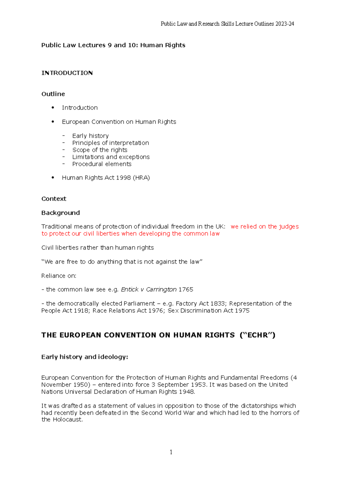 Lectures 9 & 10 Human Rights Student Outline - Public Law Lectures 9 ...