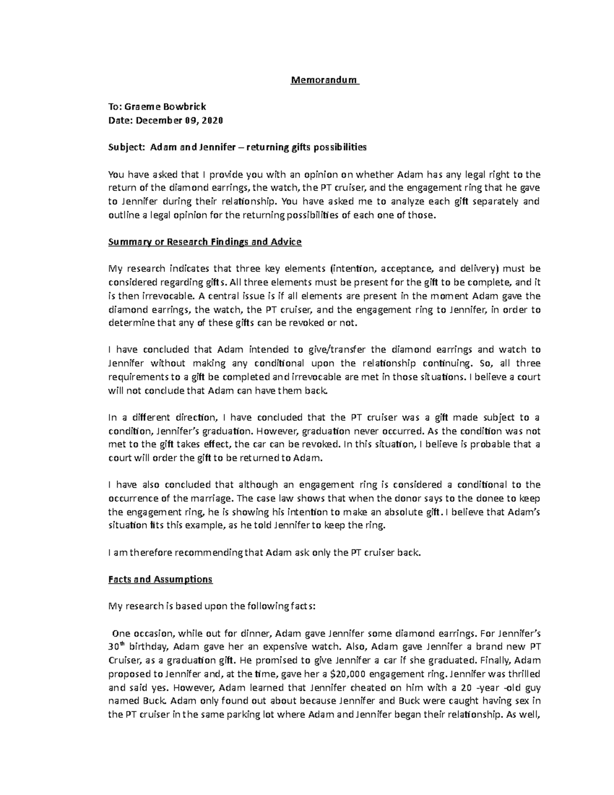 Memorandum Subject: Adam and Jennifer – returning gifts possibilities ...