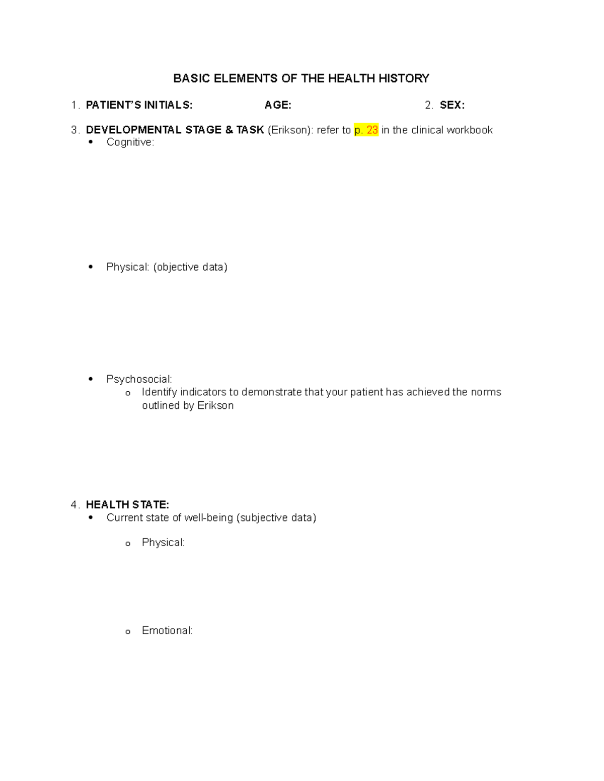 Basic elements of health history Template - BASIC ELEMENTS OF THE ...