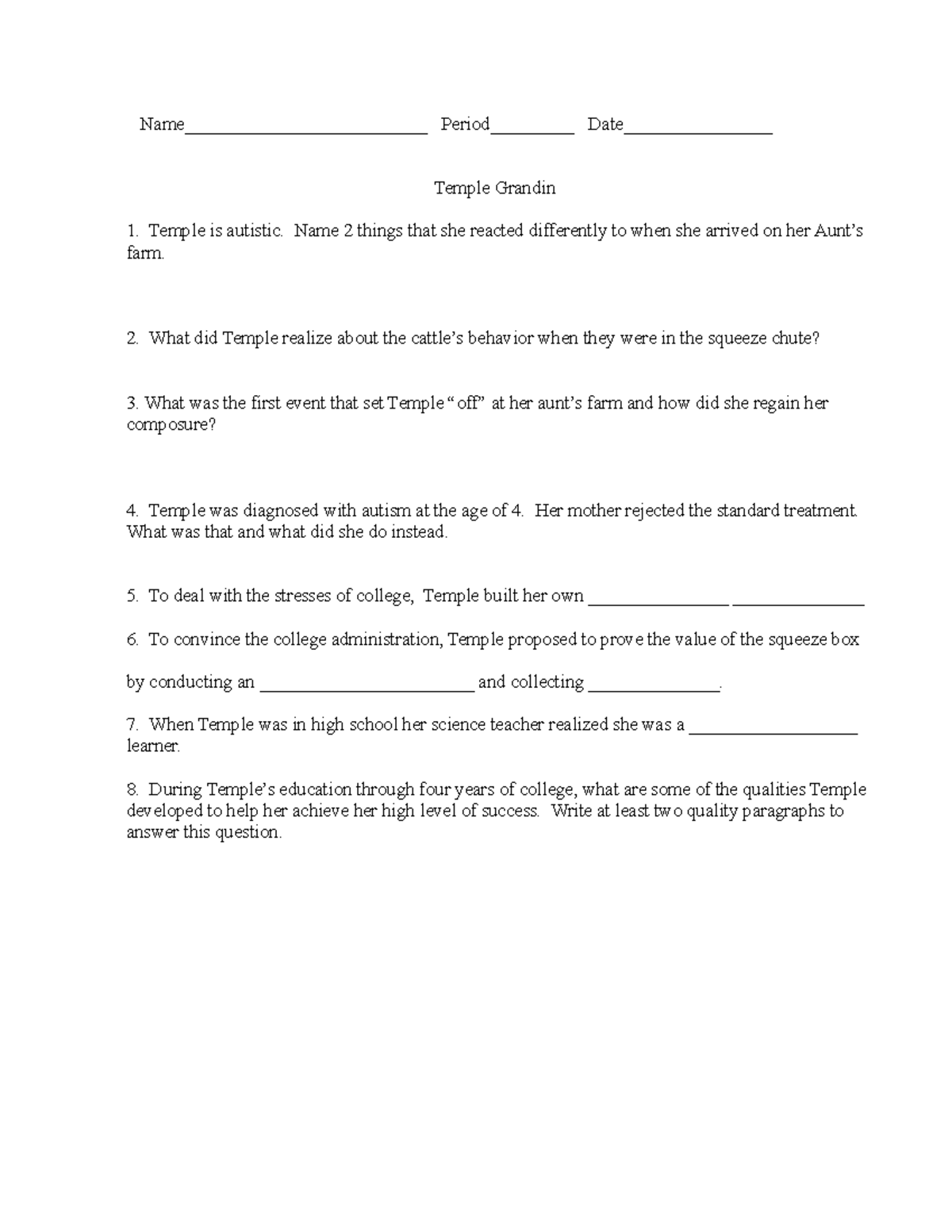 Temple Grandin study guide - Name__________________________ Period ...