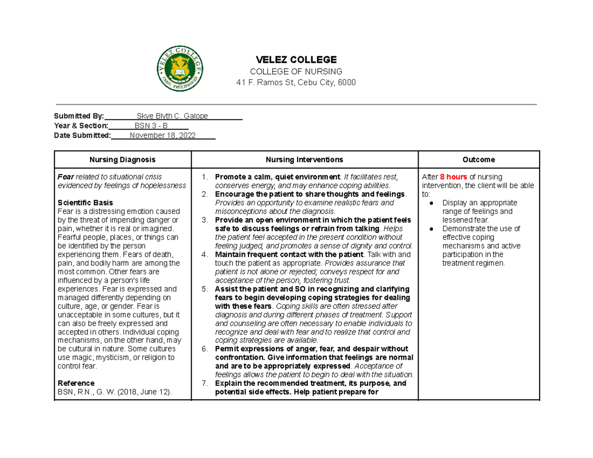 Galope 3B Movie Review AND NCP - VELEZ COLLEGE COLLEGE OF NURSING 41 F ...