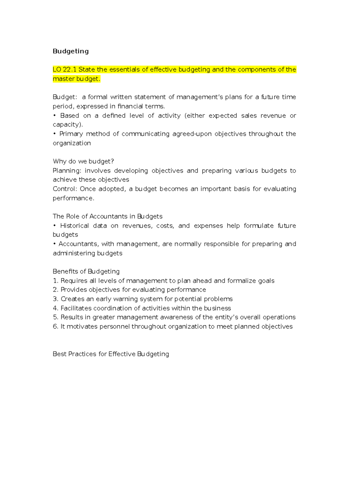 294 Final Review - Budgeting LO 22 State the essentials of effective ...