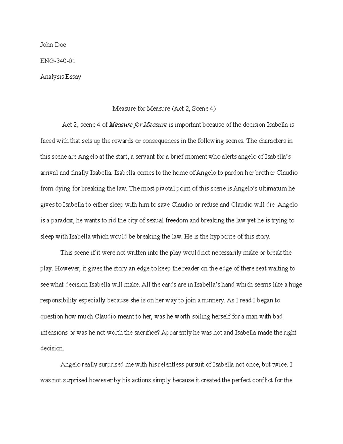 Scene Analysis Essay - John Doe ENG-340- Analysis Essay Measure for ...