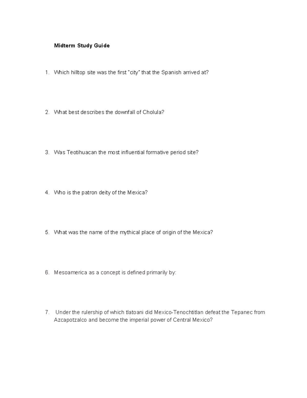 Midterm study guide - Aztecs - Midterm Study Guide Which hilltop site ...