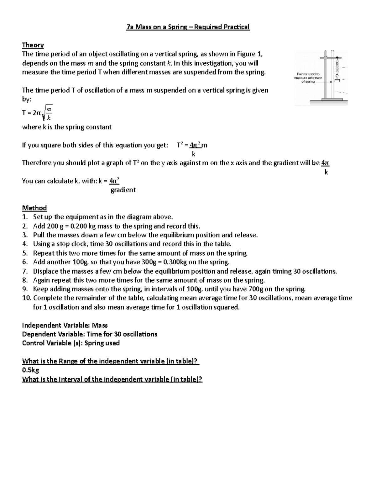 7a Mass on a Spring Practical Results - second part - 7a Mass on a ...