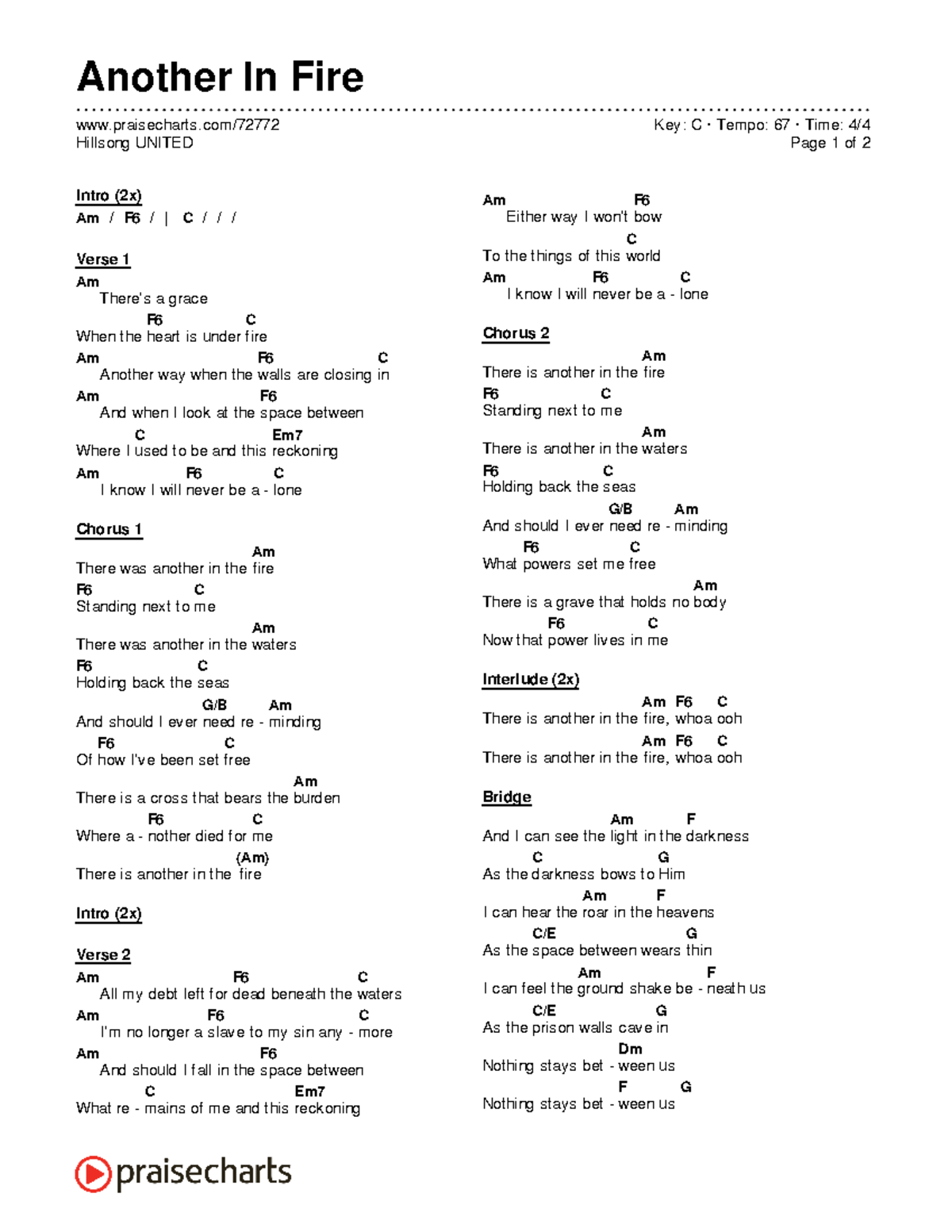 Another In The Fire (Hillsong United) Chord Chart - C - 2 Column Layout ...