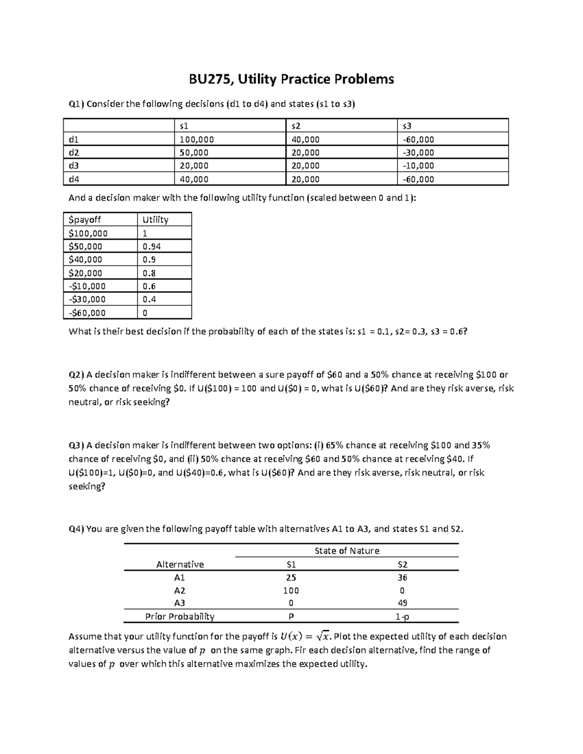 Problems Utility - Practice questions for BDM - BU275, Utility Practice Problems Q1 ) Consider ...