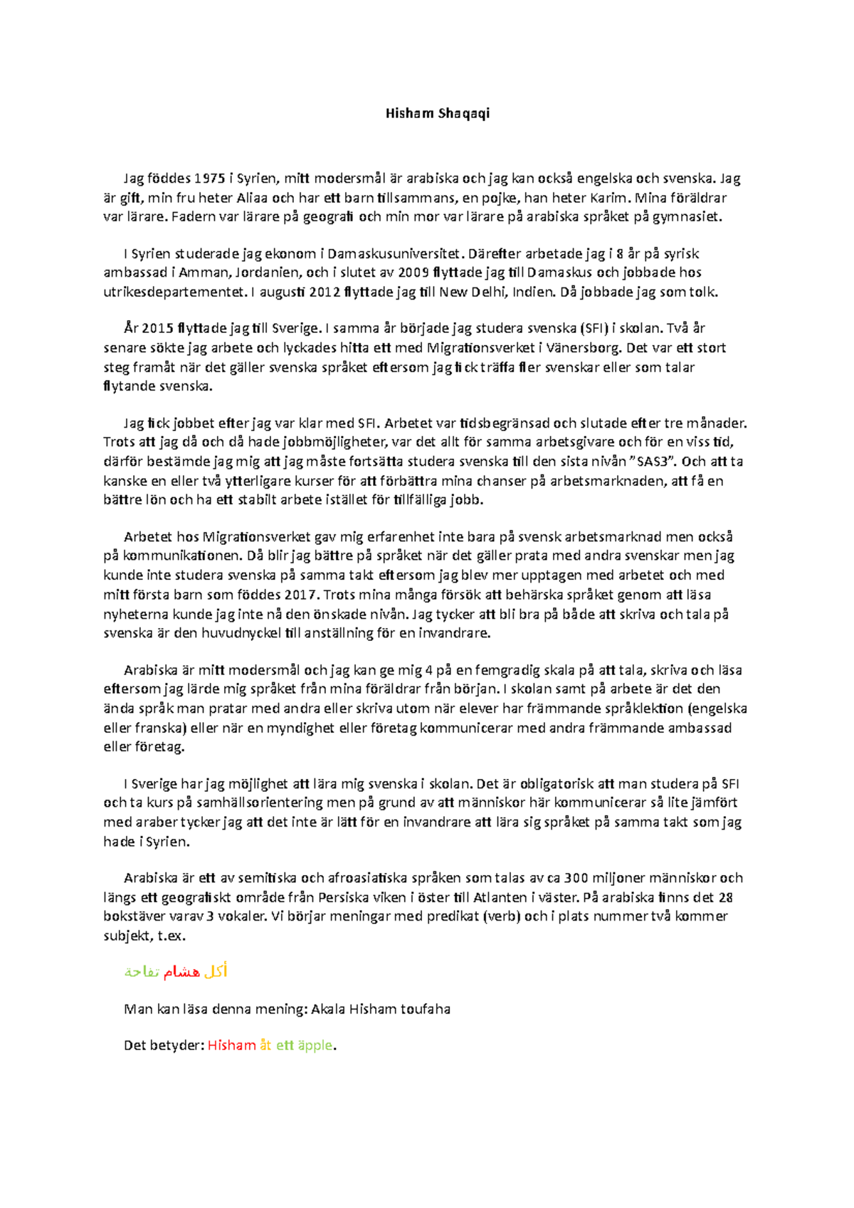 SVA1 Uppg1 Hisham Shaqaqi - Hisham Shaqaqi Jag föddes 1975 i Syrien ...