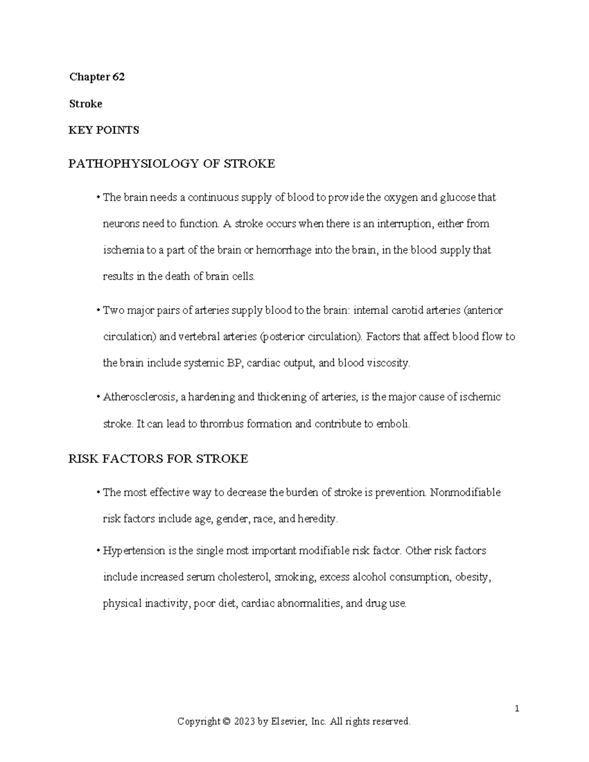 Stroke Key Notes - Chapter 62 Stroke KEY POINTS PATHOPHYSIOLOGY OF ...
