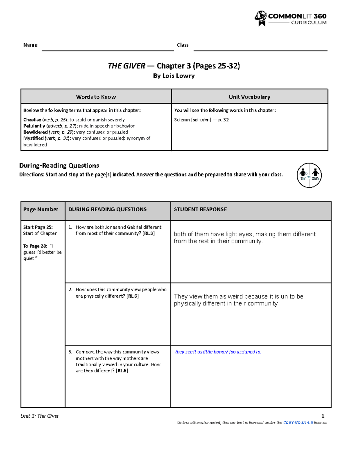 Jeremiah Victor - Chapter 3 Giver - Name Class THE GIVER — Chapter 3 ...