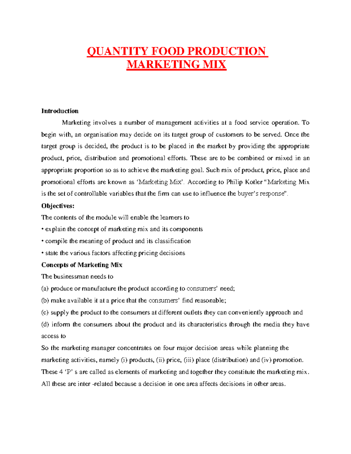 Quantity FOOD Prodction Marketing MIX - QUANTITY FOOD PRODUCTION ...