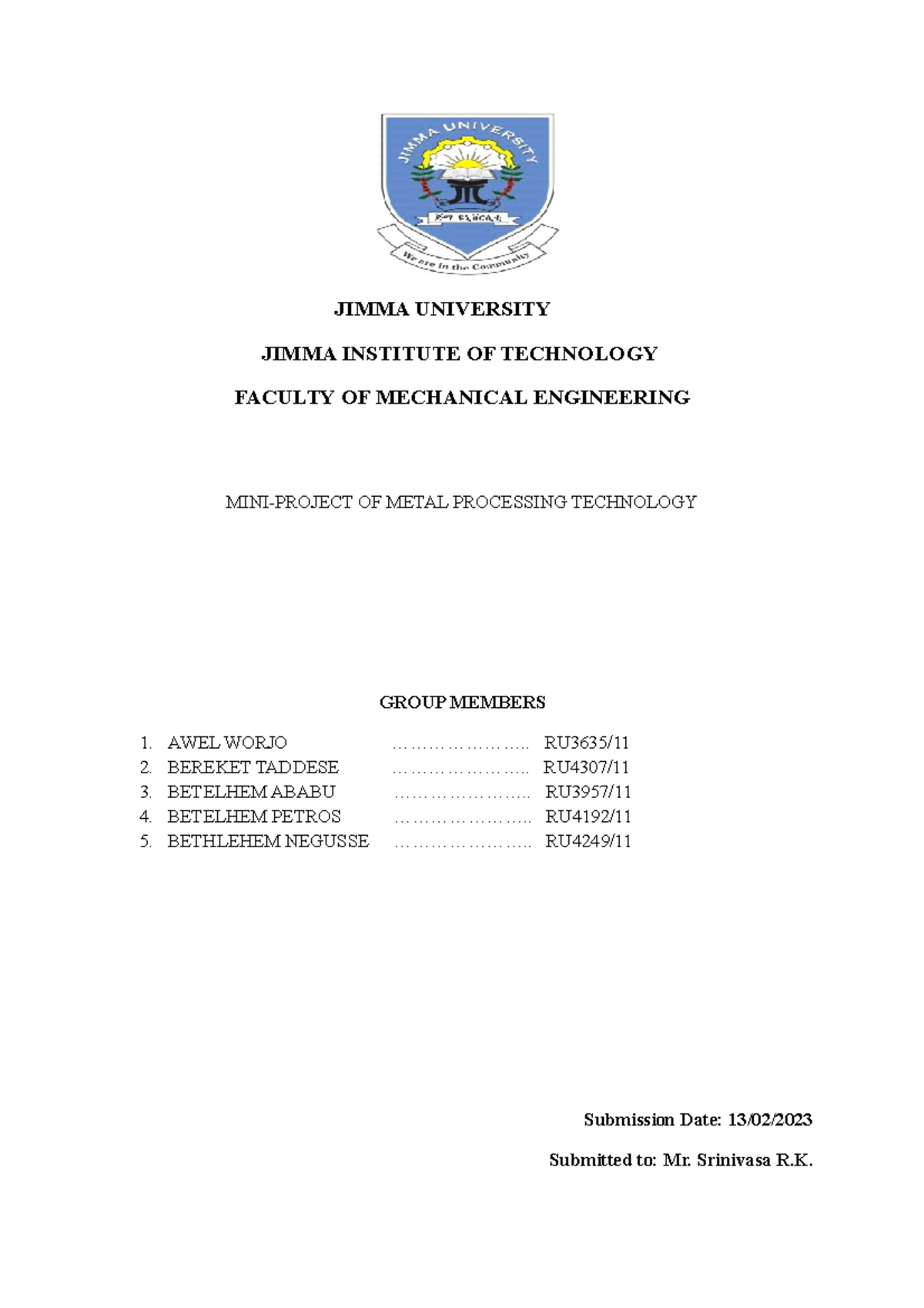 Jimma University - JIMMA UNIVERSITY JIMMA INSTITUTE OF TECHNOLOGY ...