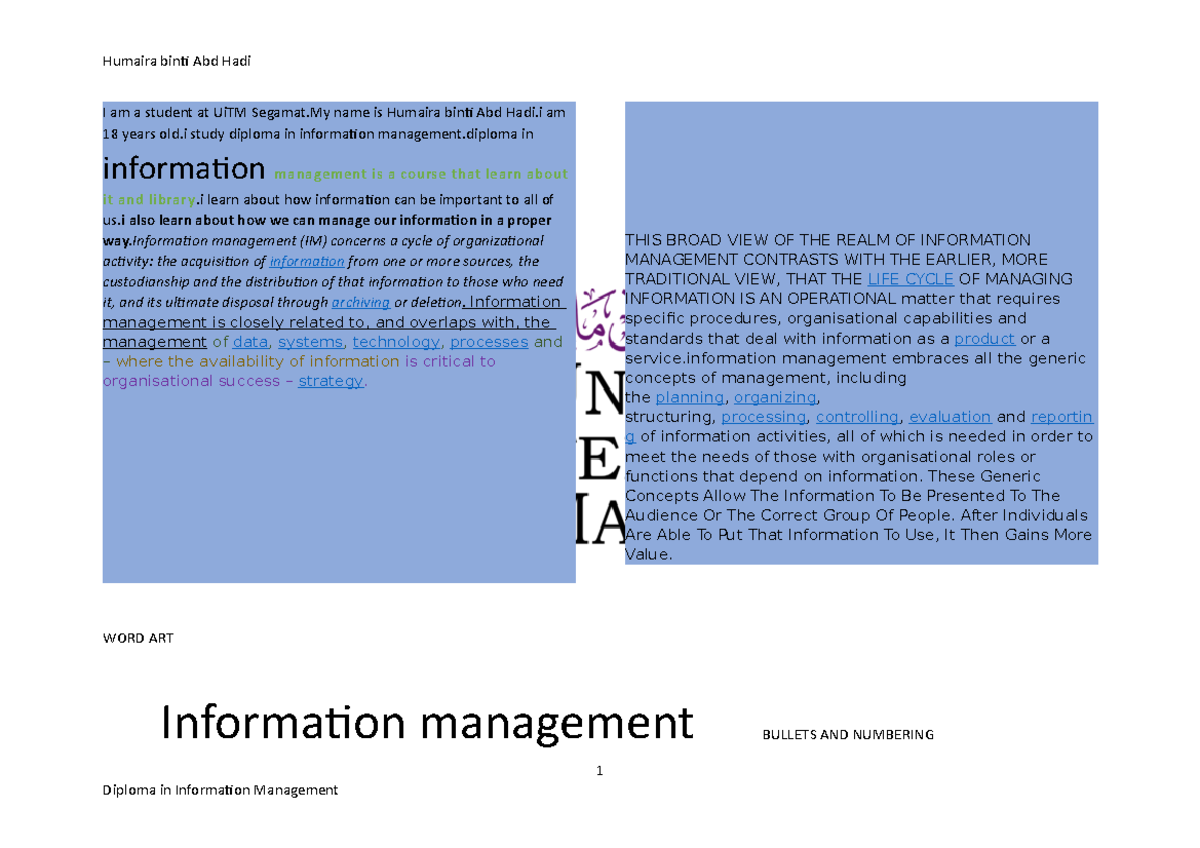 IMC 113 WORD Exercises - I am a student at UiTM Segamat name is Humaira ...