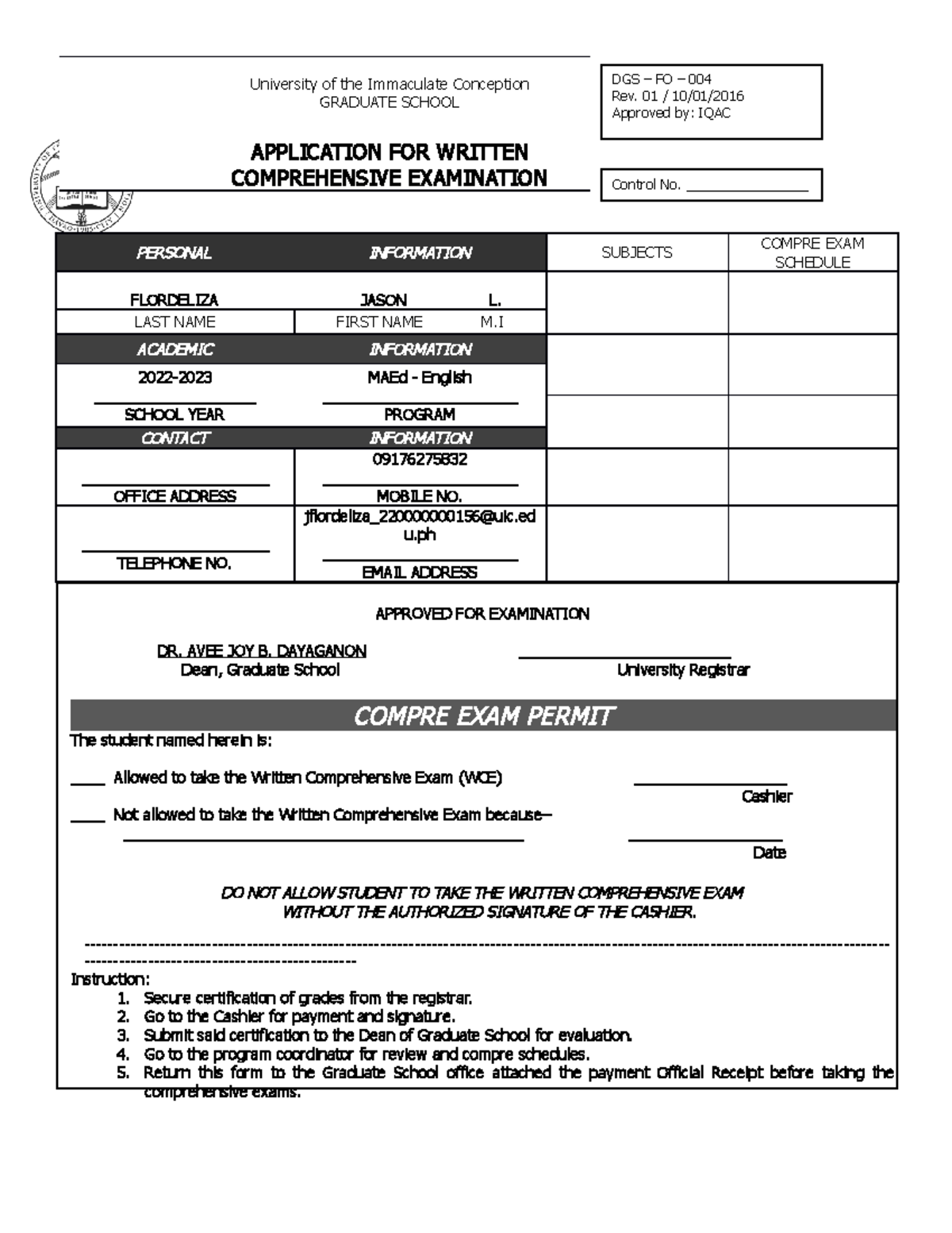Application FOR Compre EXAM FORM copy copy - University of the ...