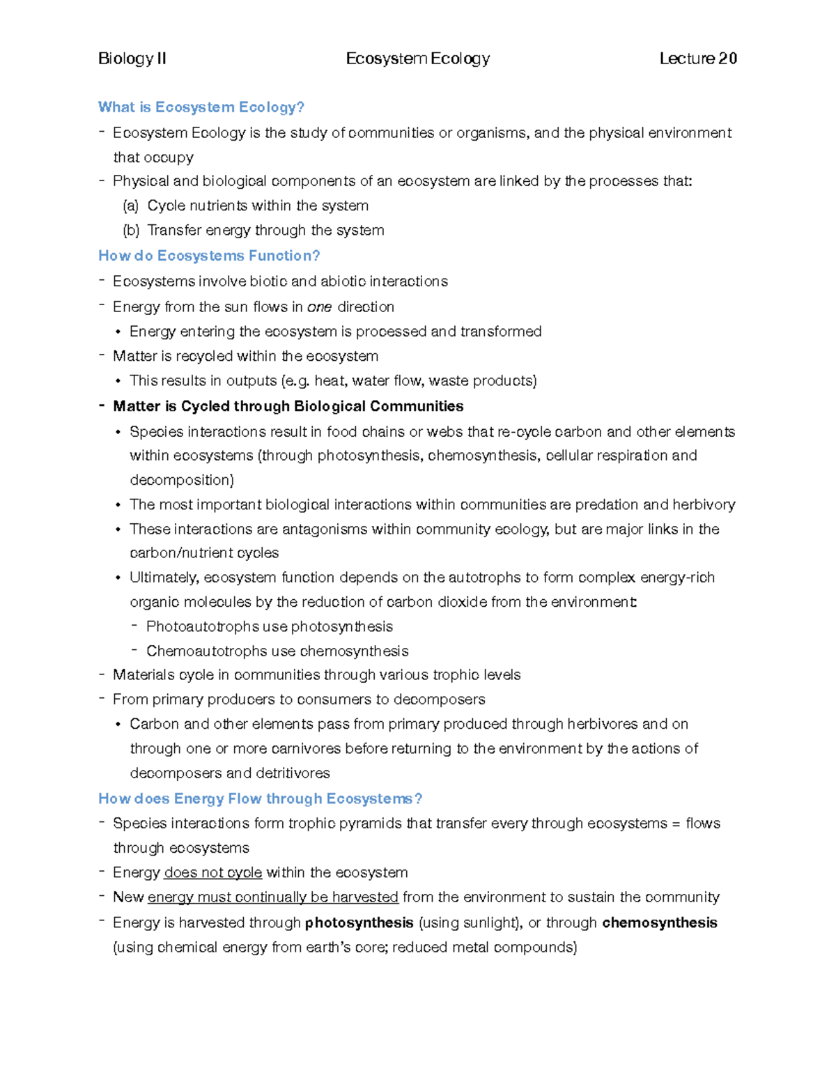 Bio II; Lec 20; Ecosystem Ecology (PDF) - What is Ecosystem Ecology ...